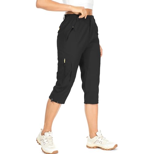 linlon Women's Quick Dry Cargo Shorts,Outdoor Casual Straight Leg Capri Long Shorts for Hiking Camping Travel (Black, 12)