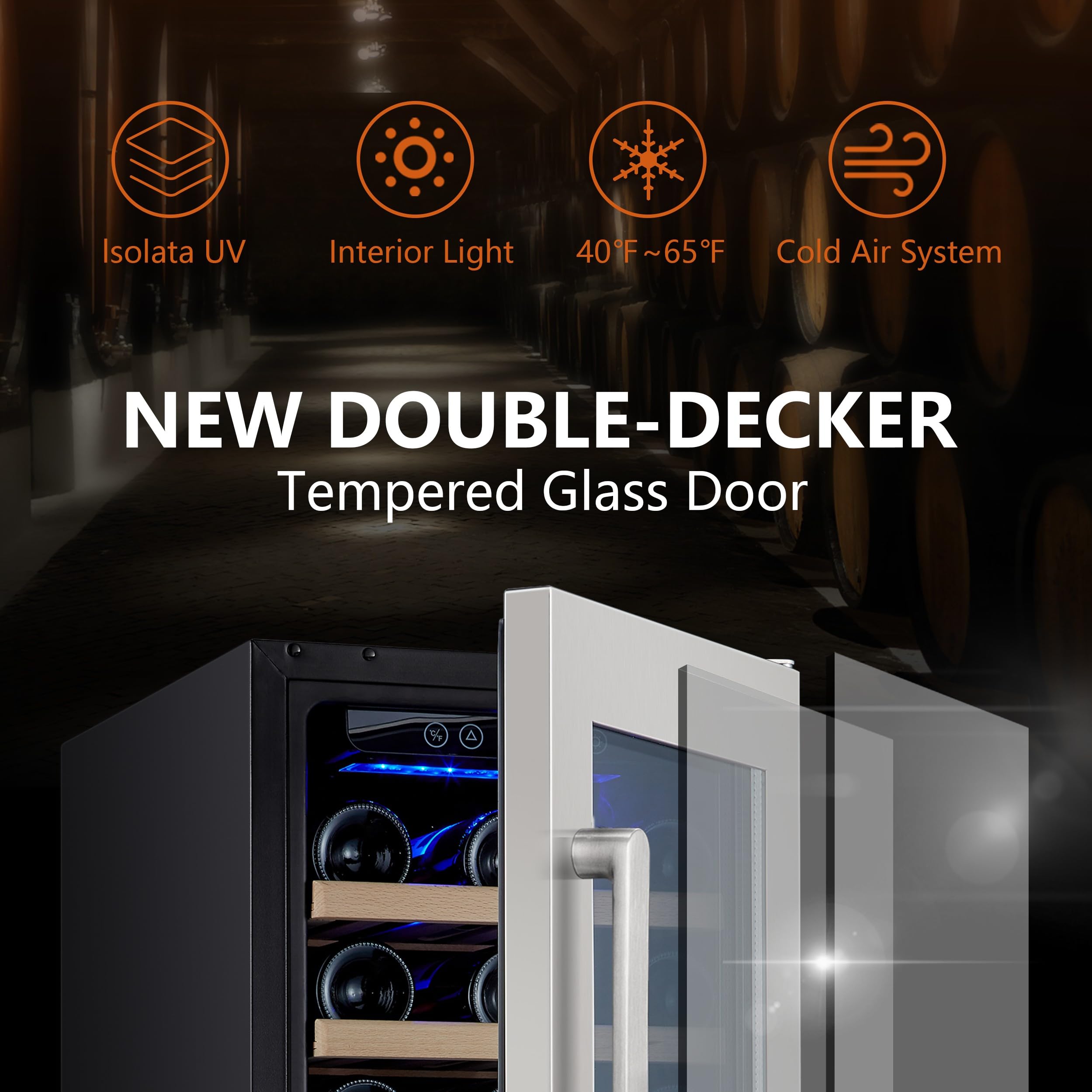 Kalamera 15” Wine Cooler and Fridge |30 Bottle Built-in & Freestanding Single Zone Wine Refrigerator |For Kitchen or Bar with Blue Interior Light |Temperature Memory Function