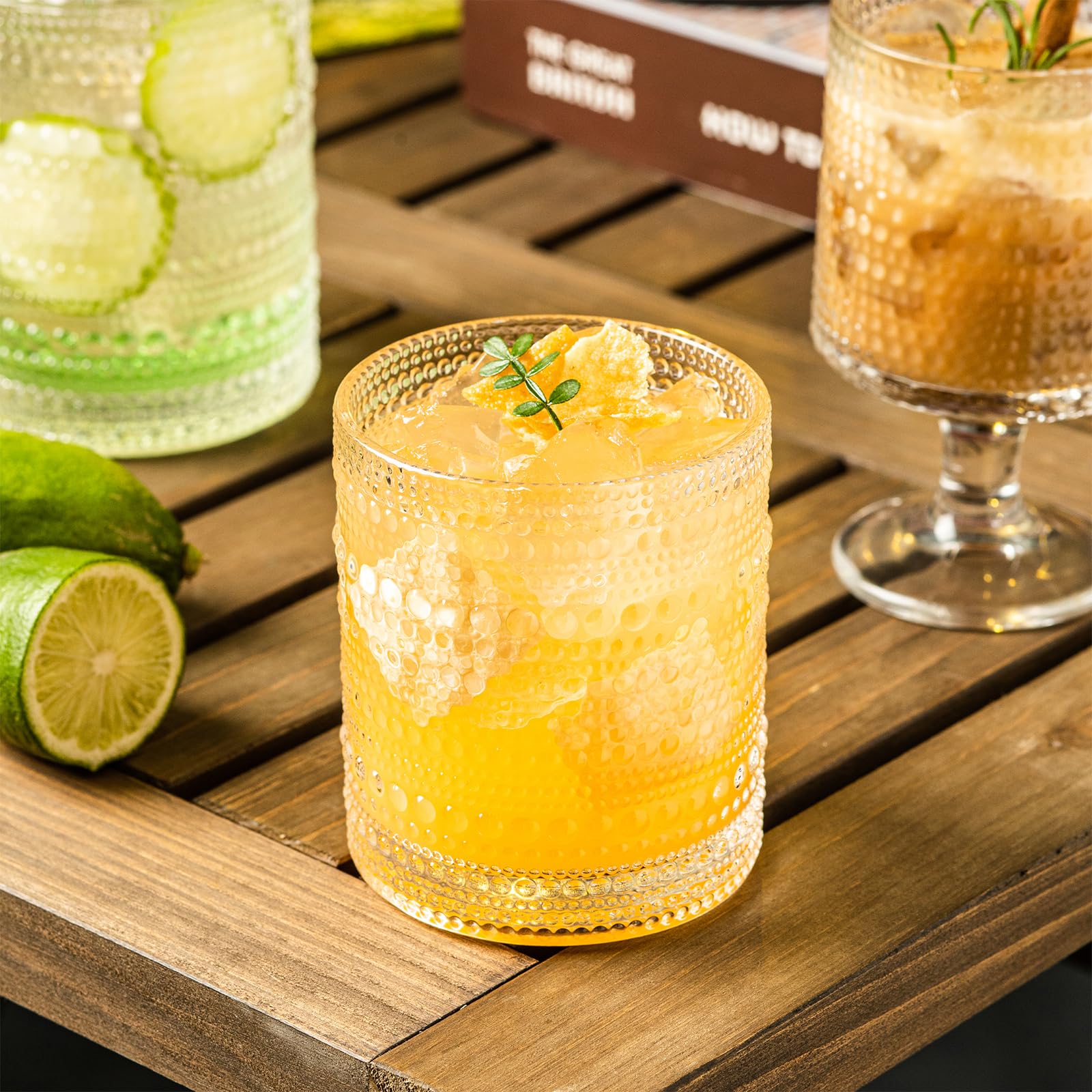 KEMORELA Vintage Glassware Drinking Glasses Set of 4, Hobnail Drinking Glasses, bar glasses, Embossed Design Glassware for Beverages, Beer, Cocktail, Whiskey, Juice and Various Mixed Drinks