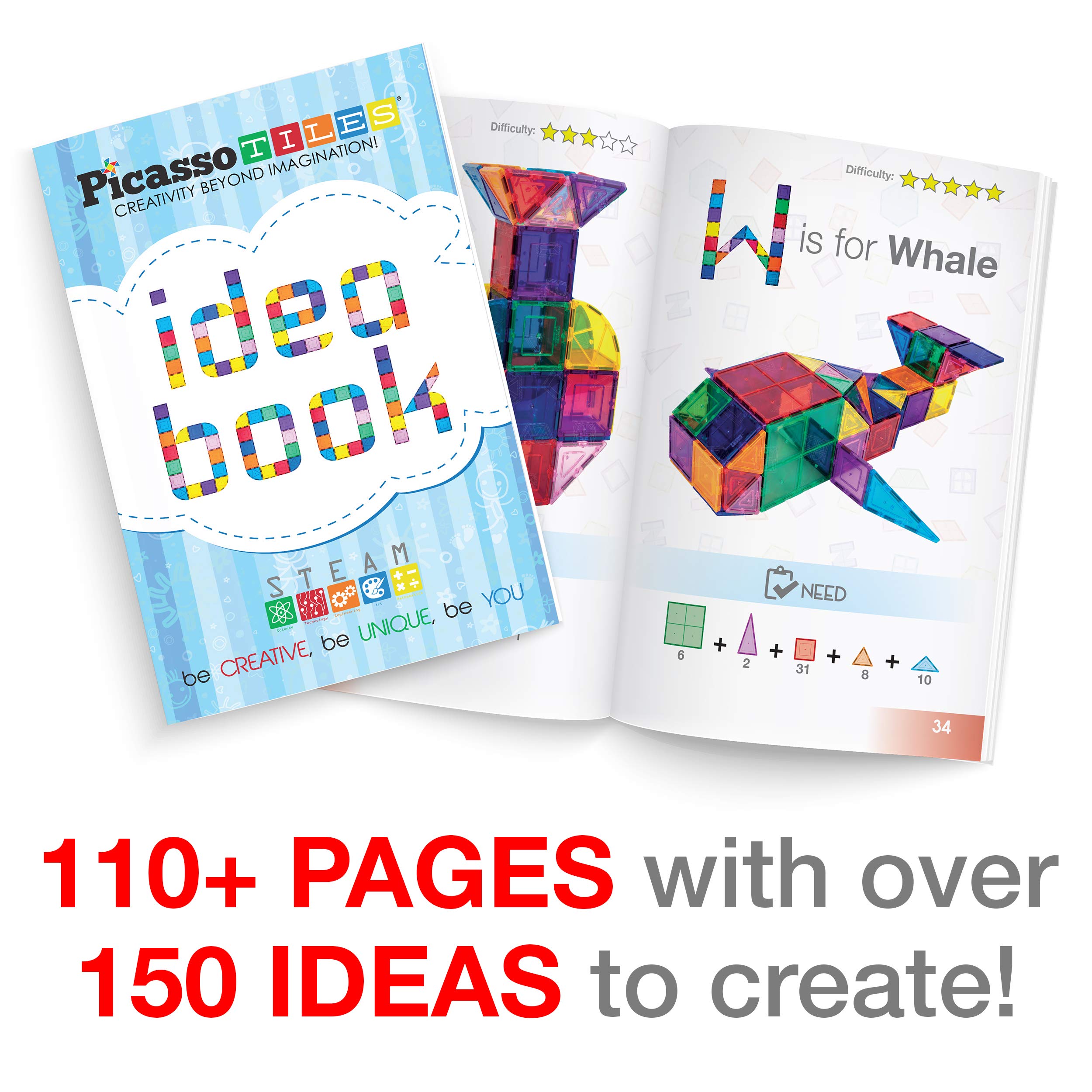 PicassoTiles 50 Piece Race Car Track + Ideabook with Over 150+ Ideas, Magnet DIY Playset 2 Light Up Car STEM Learning Kit Hand-Eye Coordination Fine Motor Skill Training, Unique Innovative Creations