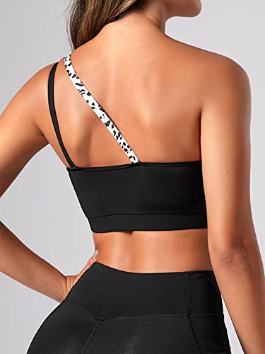Milumia Women One Shoulder High Impact Sports Bras Leopard Print Workout Yoga Bra Crop Tank Top Black Medium