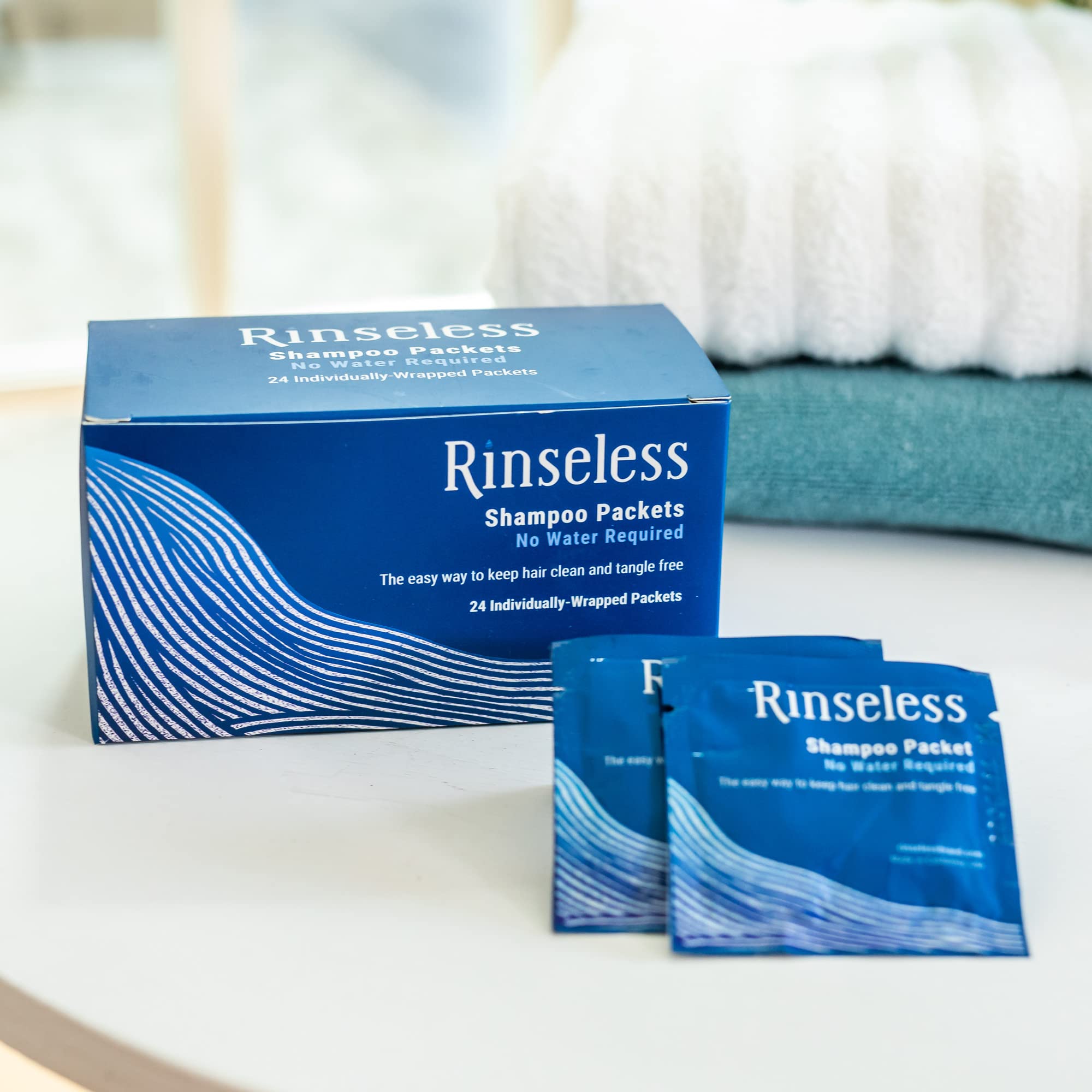 RINSELESS Waterless Shampoo Travel Packets 24 ct, Individually Wrapped | Get Refreshed Clean Smelling Hair, No Water Rinse Needed | For Hospital, Surgery, Elderly, Bedridden Patients & Camping
