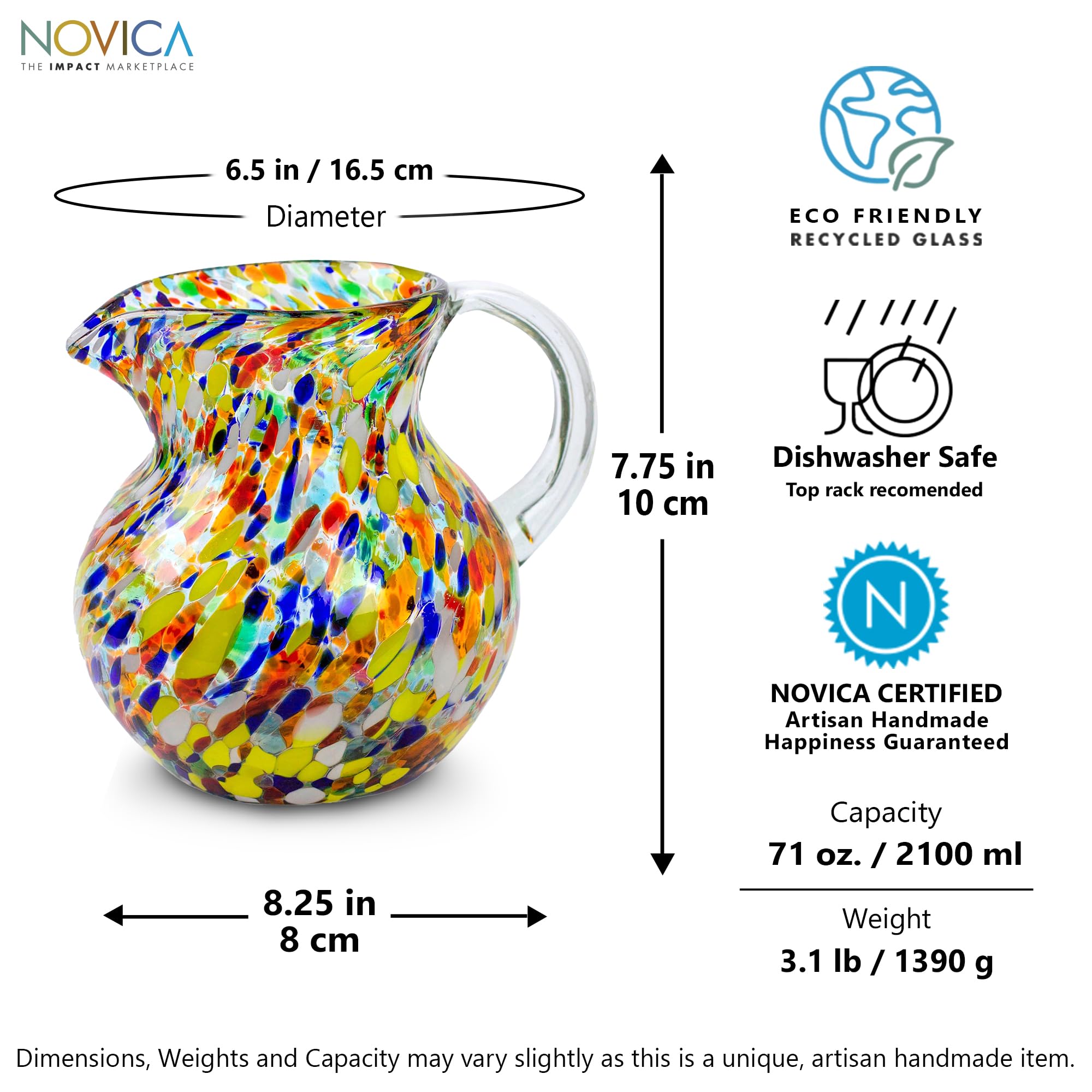 NOVICA Artisan Crafted Multicolor Hand Blown Recycled Glass Pitcher From Mexico 'Confetti' (71 Oz)