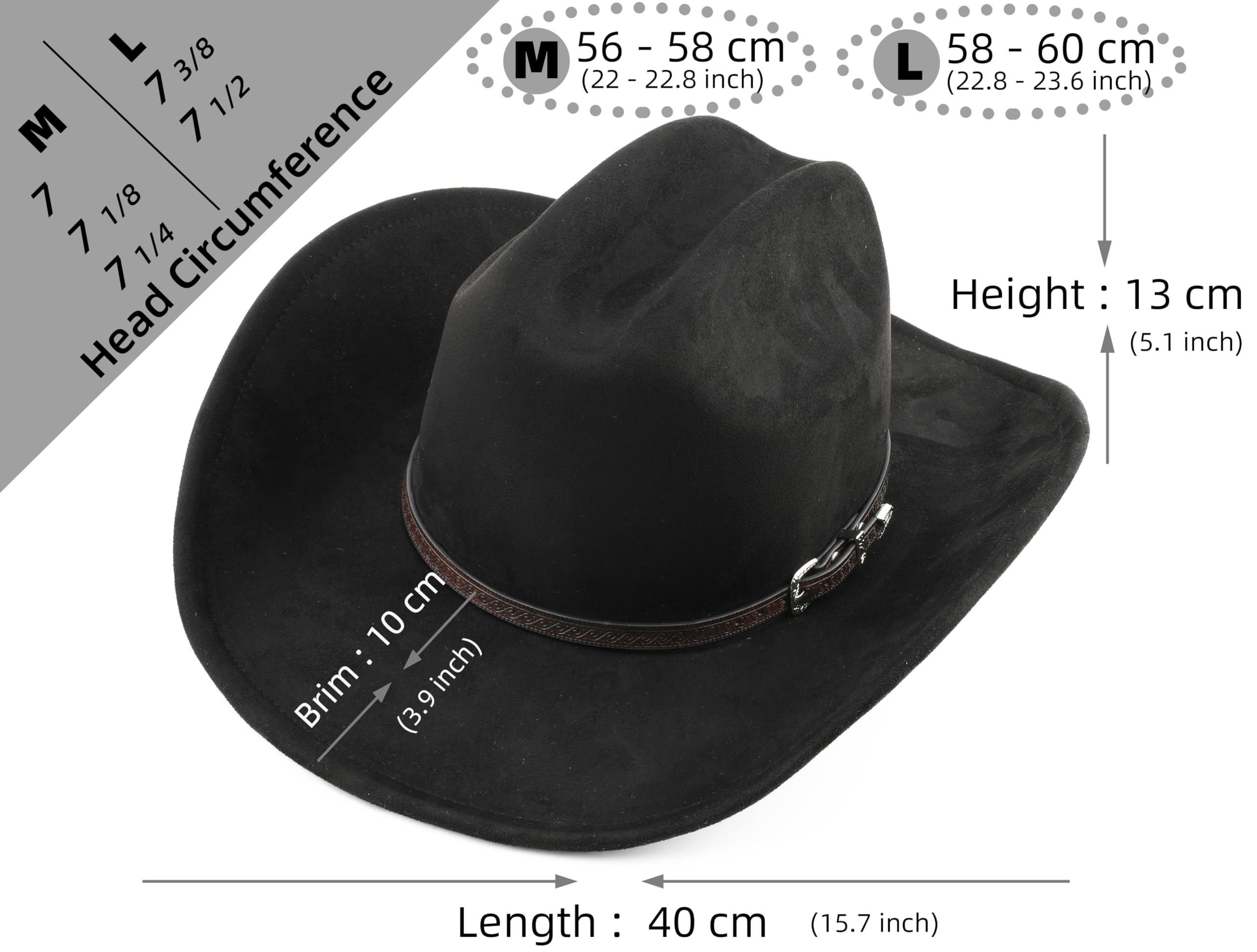 Pro Celia Big Wide Brim Cowboy Hat for Women Men Felt Western Cowgirl Hats (US, Alpha, Medium, Belt-Black)
