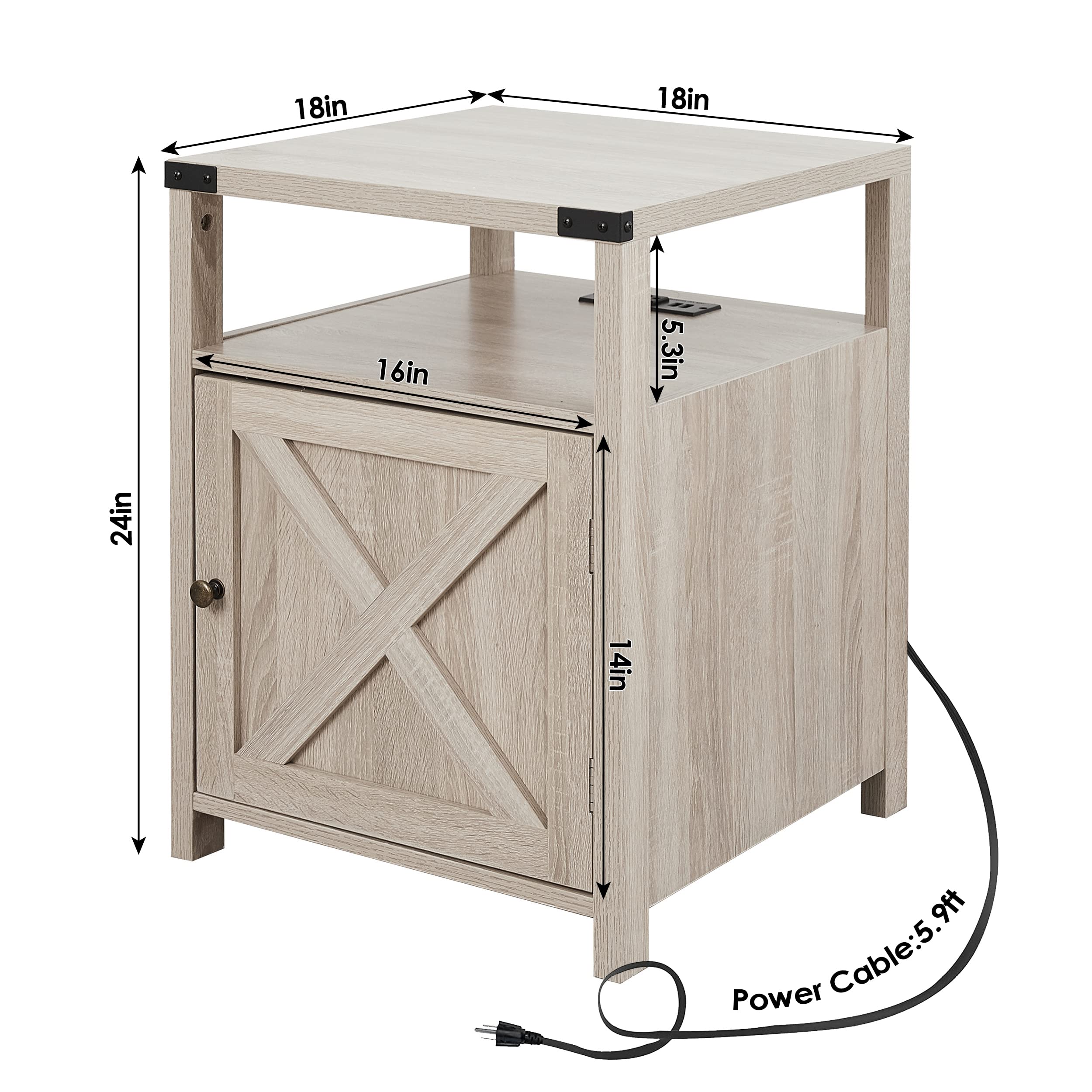 HOSEOKA Farmhouse Nightstand Rustic End Table Side Table with Cabinet and Shelf, Wood Night Stand for Bedroom, Gray, 17.7 in