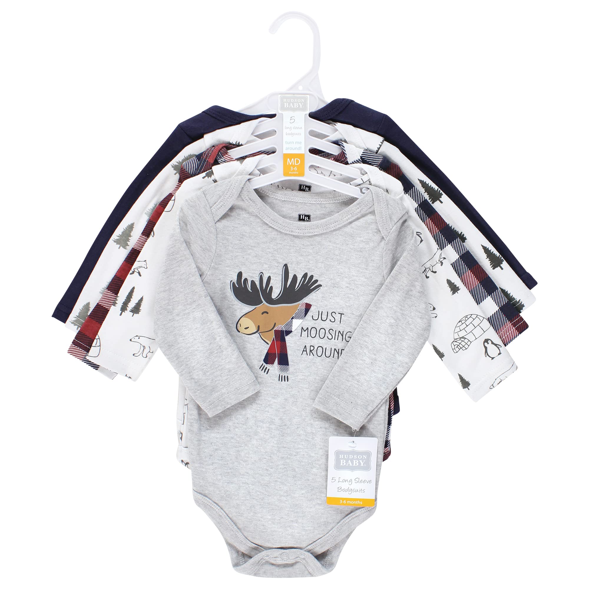 Hudson Baby Unisex Bodysuits Cotton Long-Sleeve Moosing Around, 12-18 Months, Moosing Around, 12-18 Months US