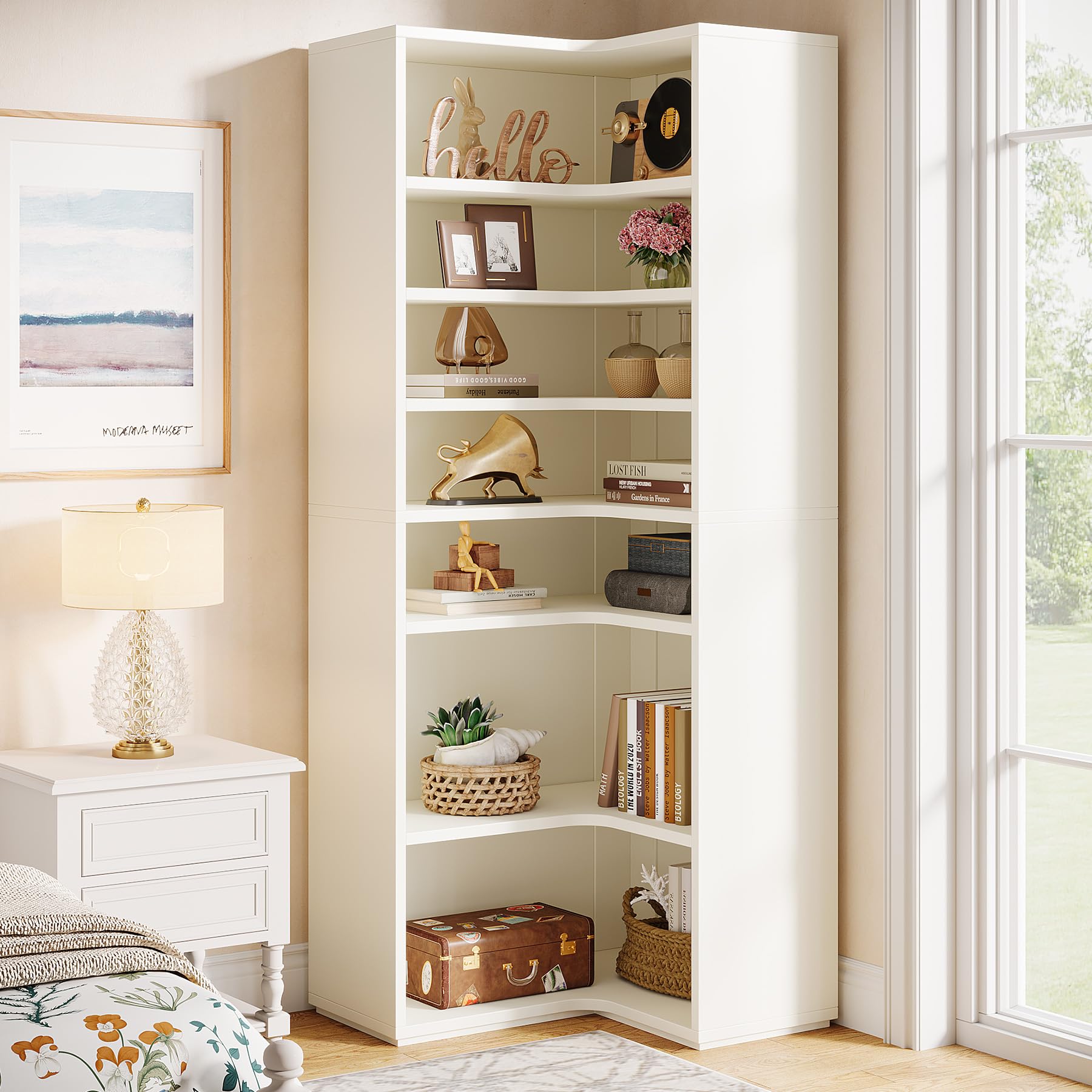 Tribesigns 65" Tall Corner Bookshelf, 9-Tier White Corner Bookcase, Modern Large Open Bookcase with Storage Shelves, Wood Display Storage Book Shelf for Living Room, Home Office, Bedroom