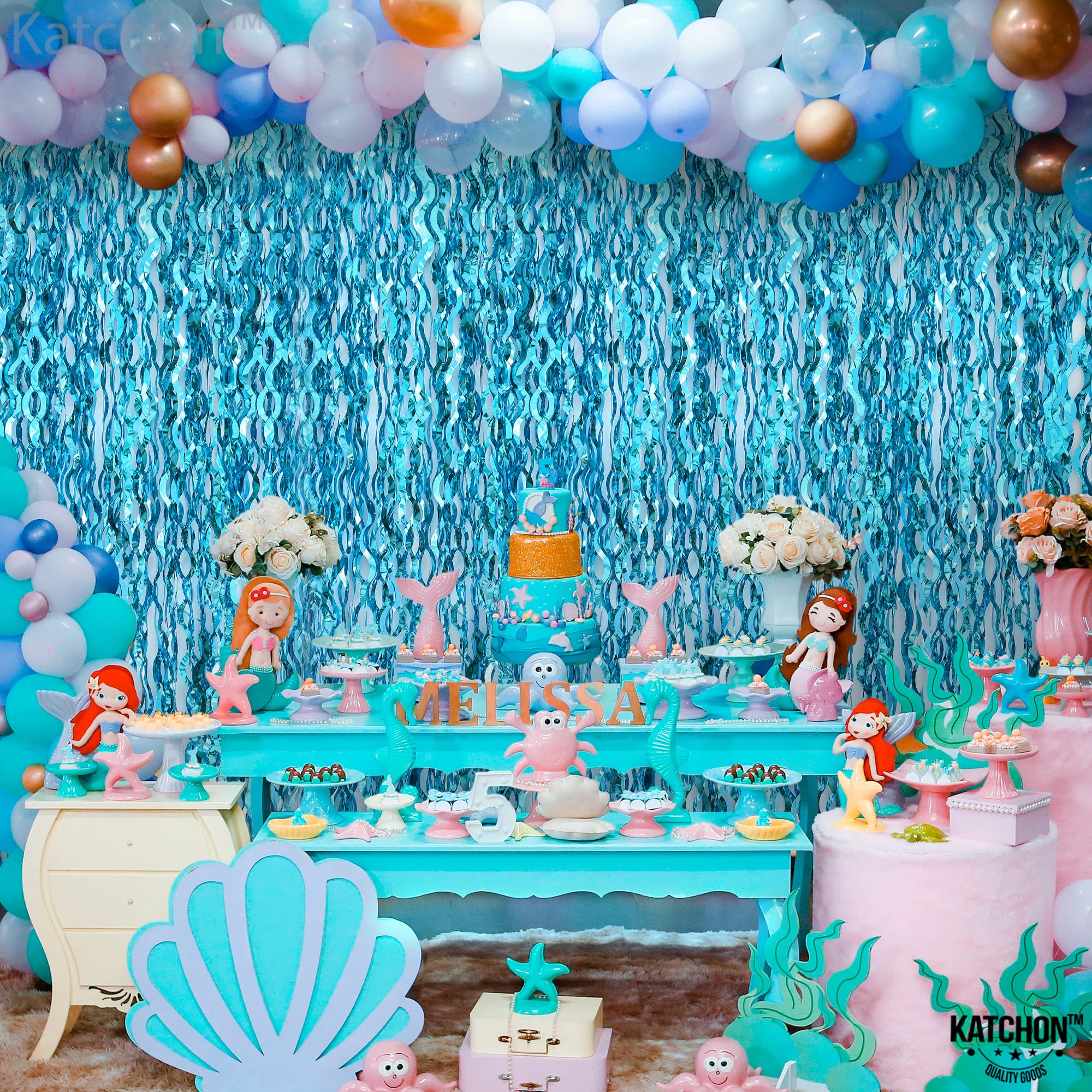 KatchOn, XtraLarge, Wavy Blue Foil Fringe Curtain - 3.2x6.4 Feet, Pack of 2 | Blue Water Streamer Backdrop for Beach Party Decorations | Under The Sea Party Decorations | Summer Decorations for Party