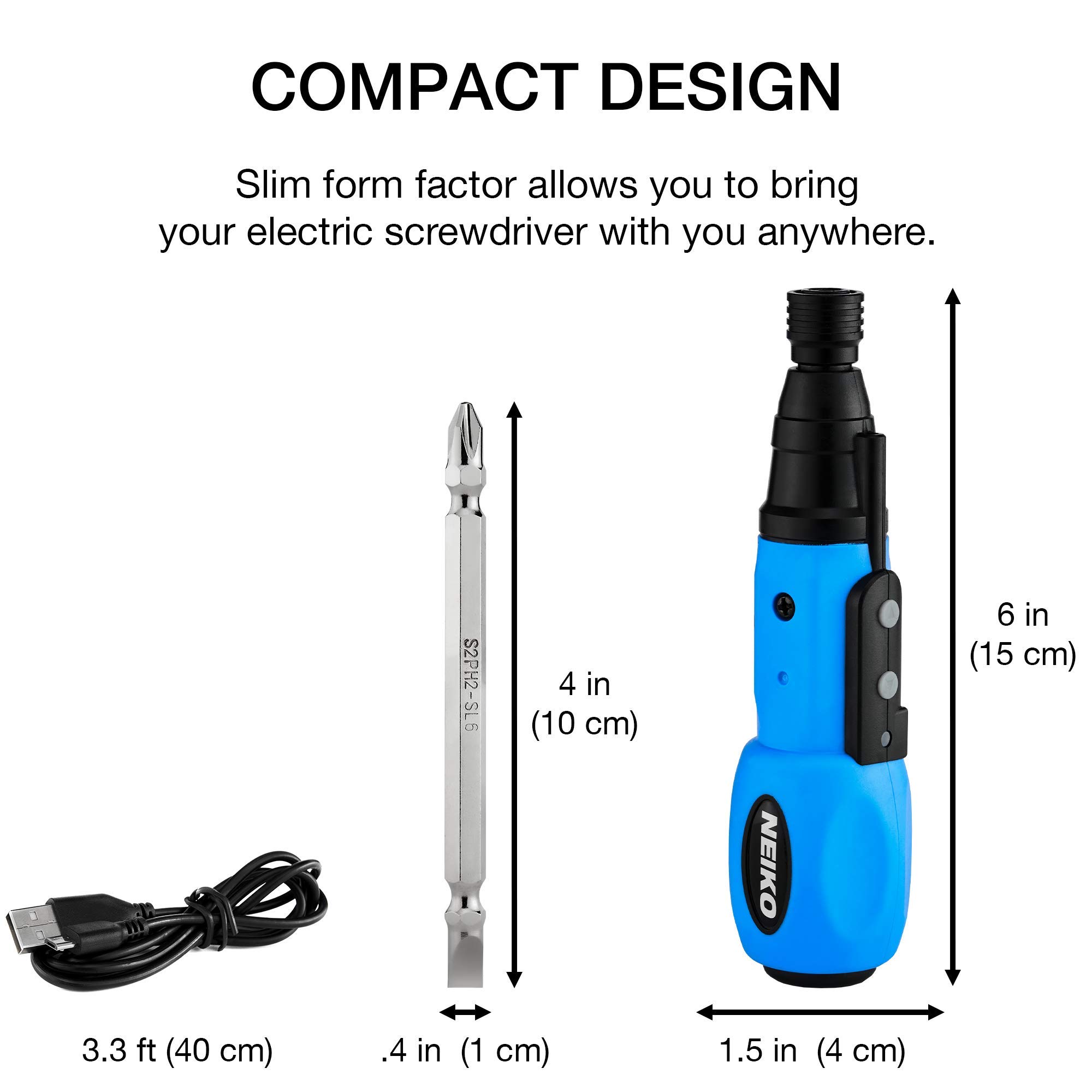 NEIKO 10577A Cordless Power Screwdriver | 1/4β Hex Auto-Lock Safety Chuck | Includes Phillips and Flathead Bit | USB Rechargeable Lithium-Ion Technology | Auto and Manual Mode