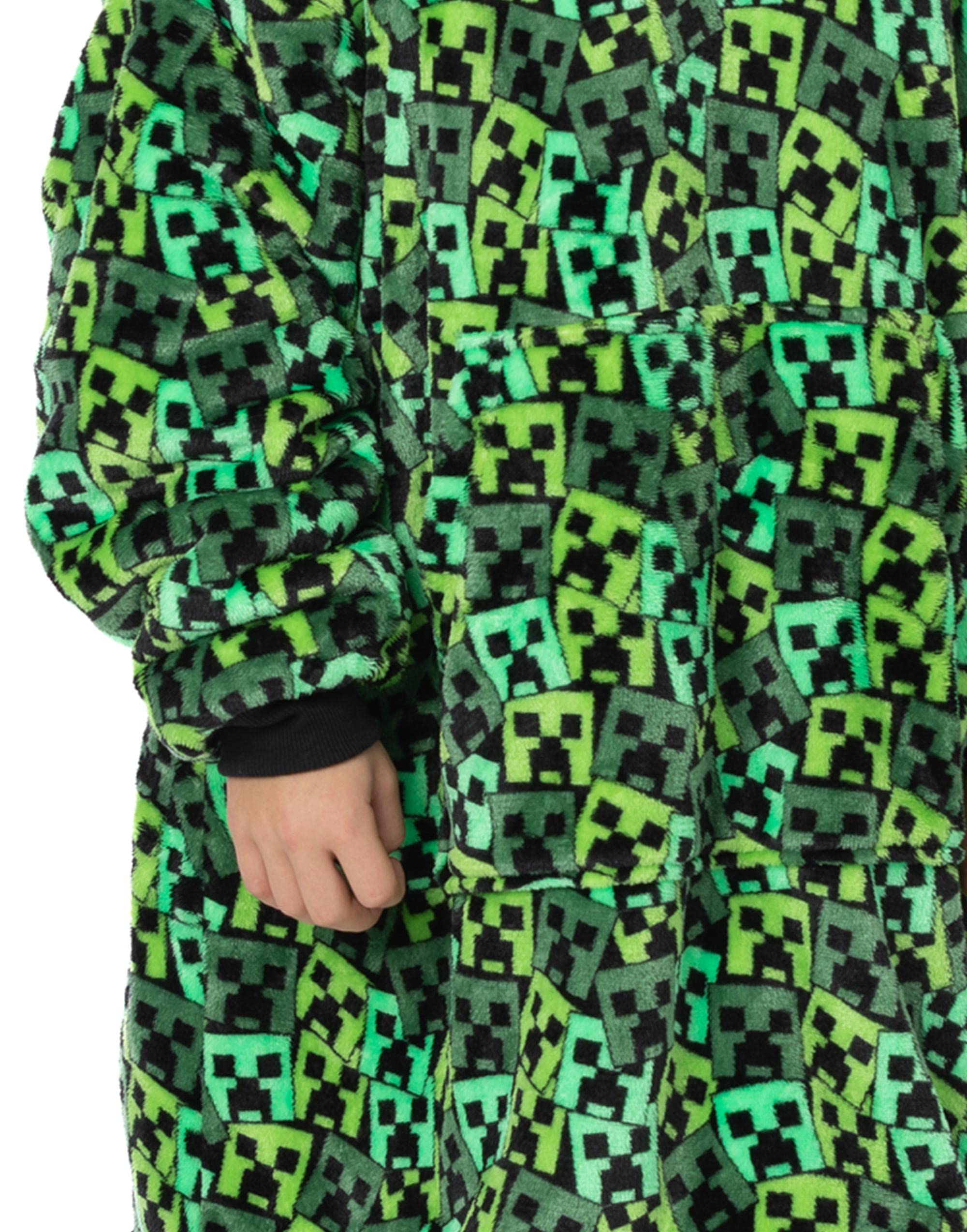 Minecraft Boys Oversized Blanket Hoodie | Boys Creeper Villain Enemy Double Lined Sherpa Fleece Green Sweater