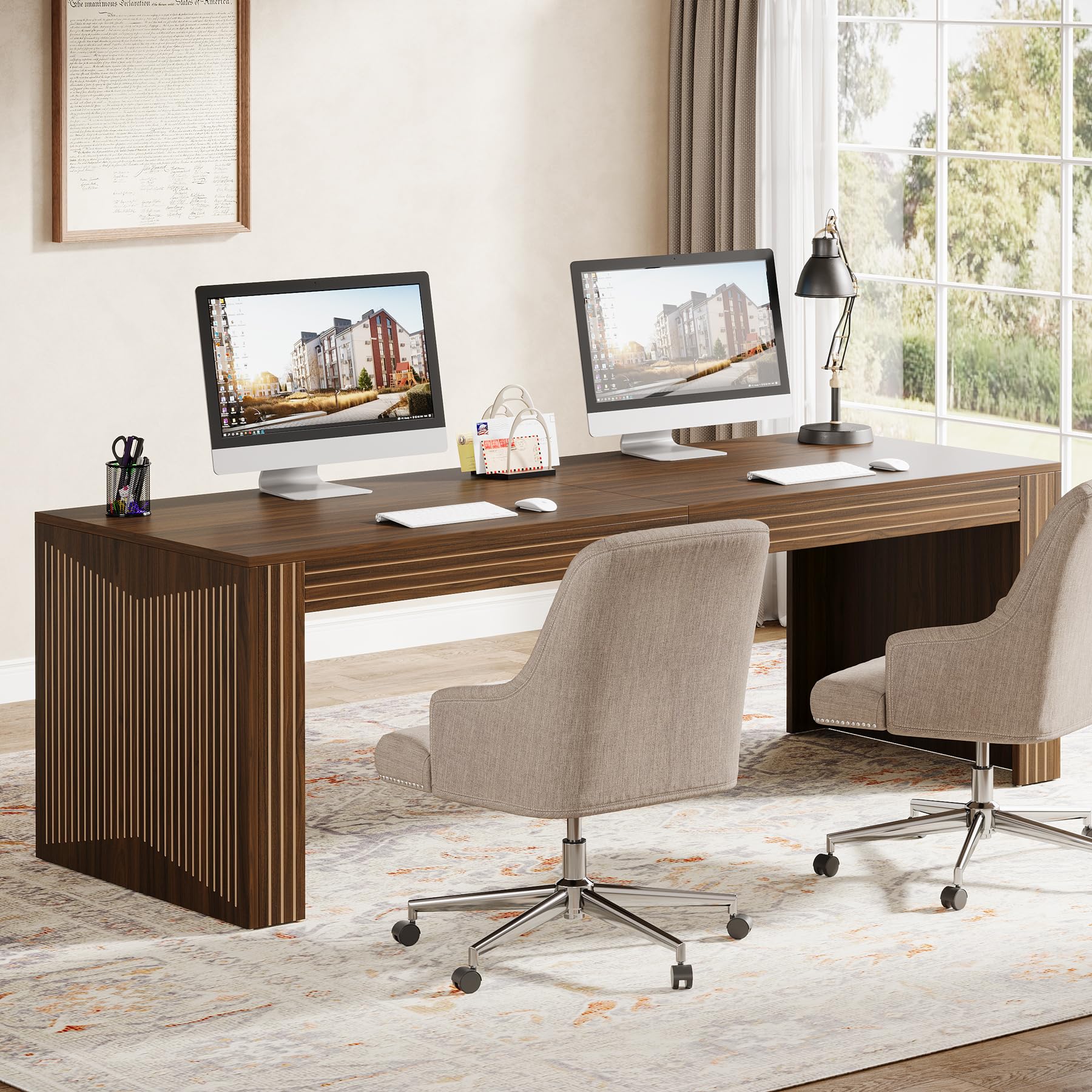 Tribesigns 79-Inch Extra Long Desk, Two Person Desk Double Desk for Home Office, Wooden Long Computer Desk, Writing Table Study Desk for Office, Brown