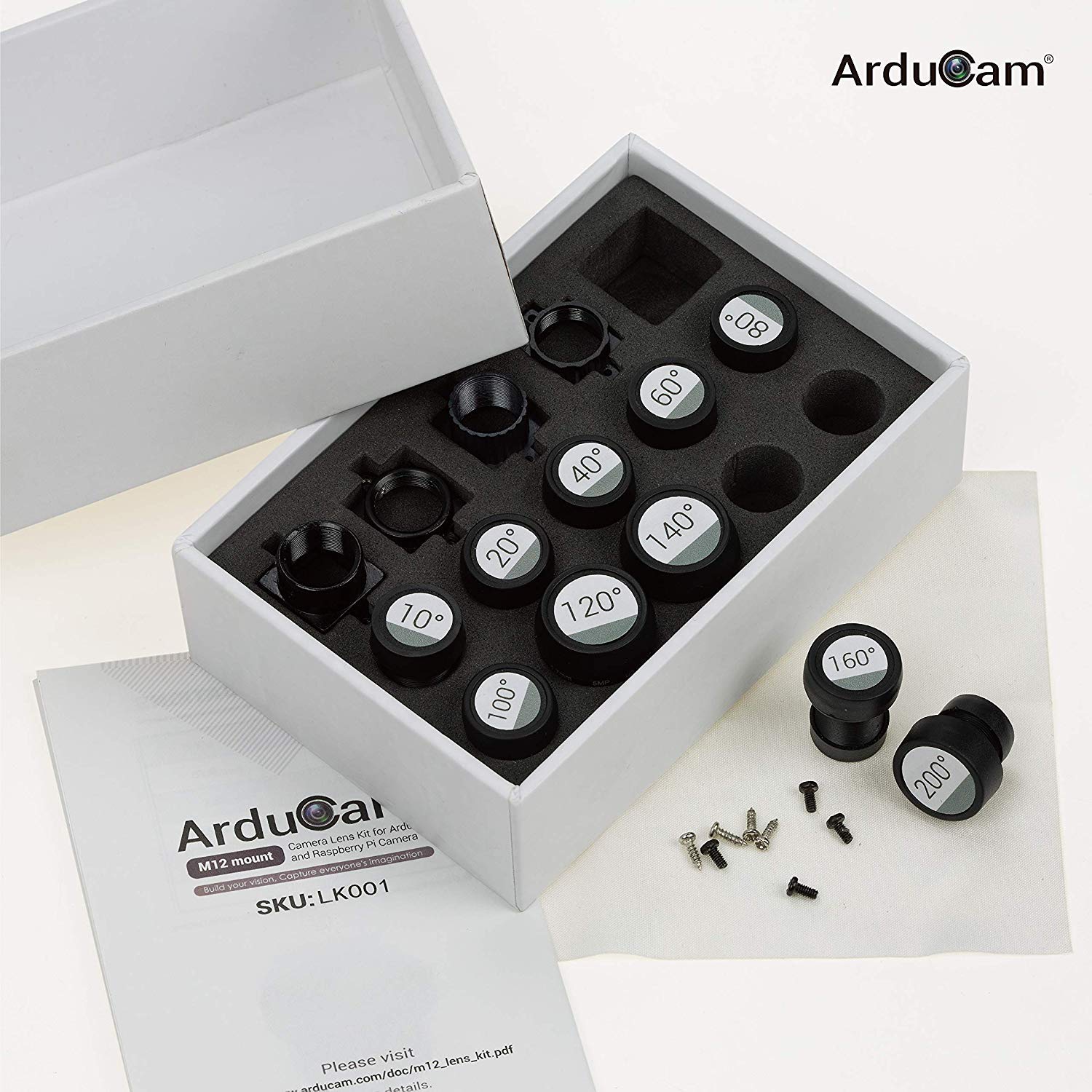 M12 Lens Set, Arducam Lens for Raspberry Pi Camera (1/4") and Arduino, Telephoto, Macro, Wide Angle, Fisheye Lens Kit (10°- 200°) with M12 Lens Holder and Cleaning Cloth, Optical All-in-One
