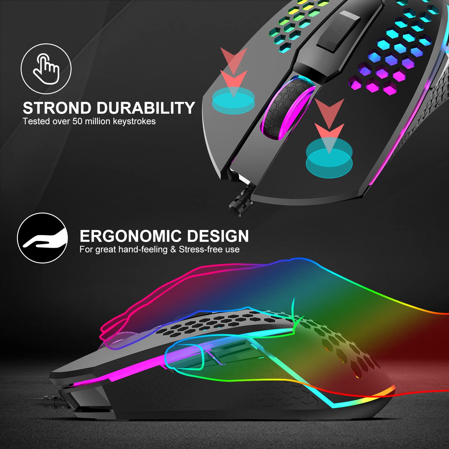 MANBASNAKE Wired Lightweight Gaming Mouse,Rainbow LED Backlit Mouse 3200 DPI Ultralight Honeycomb Shell Ultraweave Cable Mouse for PC Gamers,Xbox,PS4(Black)