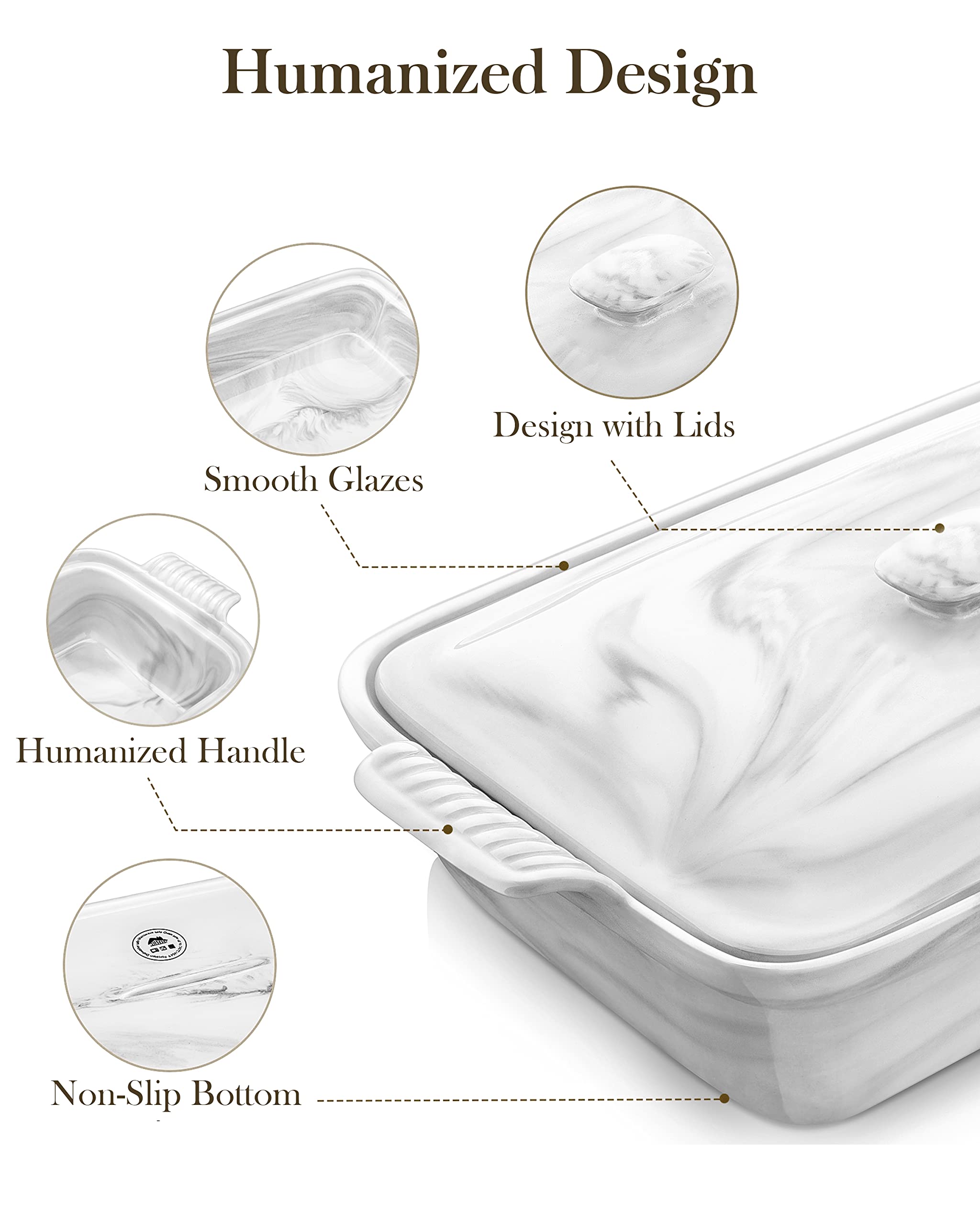 MALACASA Casserole Dish with Lid, 4.2 Quart Ceramic Bakeware Lasagna Pan, 9 x 13 Rectangular Baking Dish with Lid Oven Safe, 9 x 13 x 3.4 inch, Marble Gray