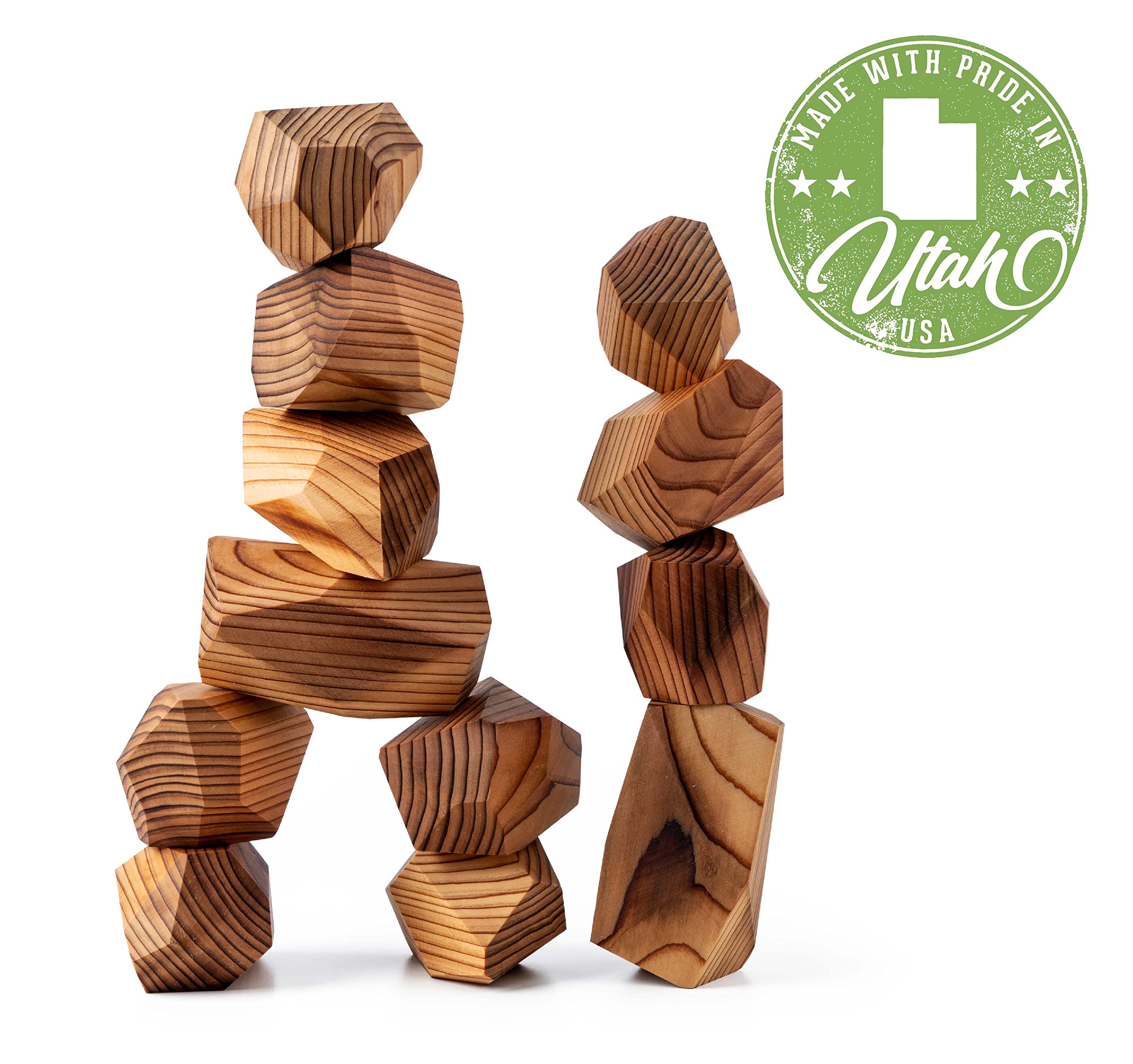 PERCHED Natural Cedar Stacking Rocks, Large Wooden Blocks, Montessori Puzzle Game, Toddler Toys For Classroom, Wood Balancing Stones Set (12 Pc)