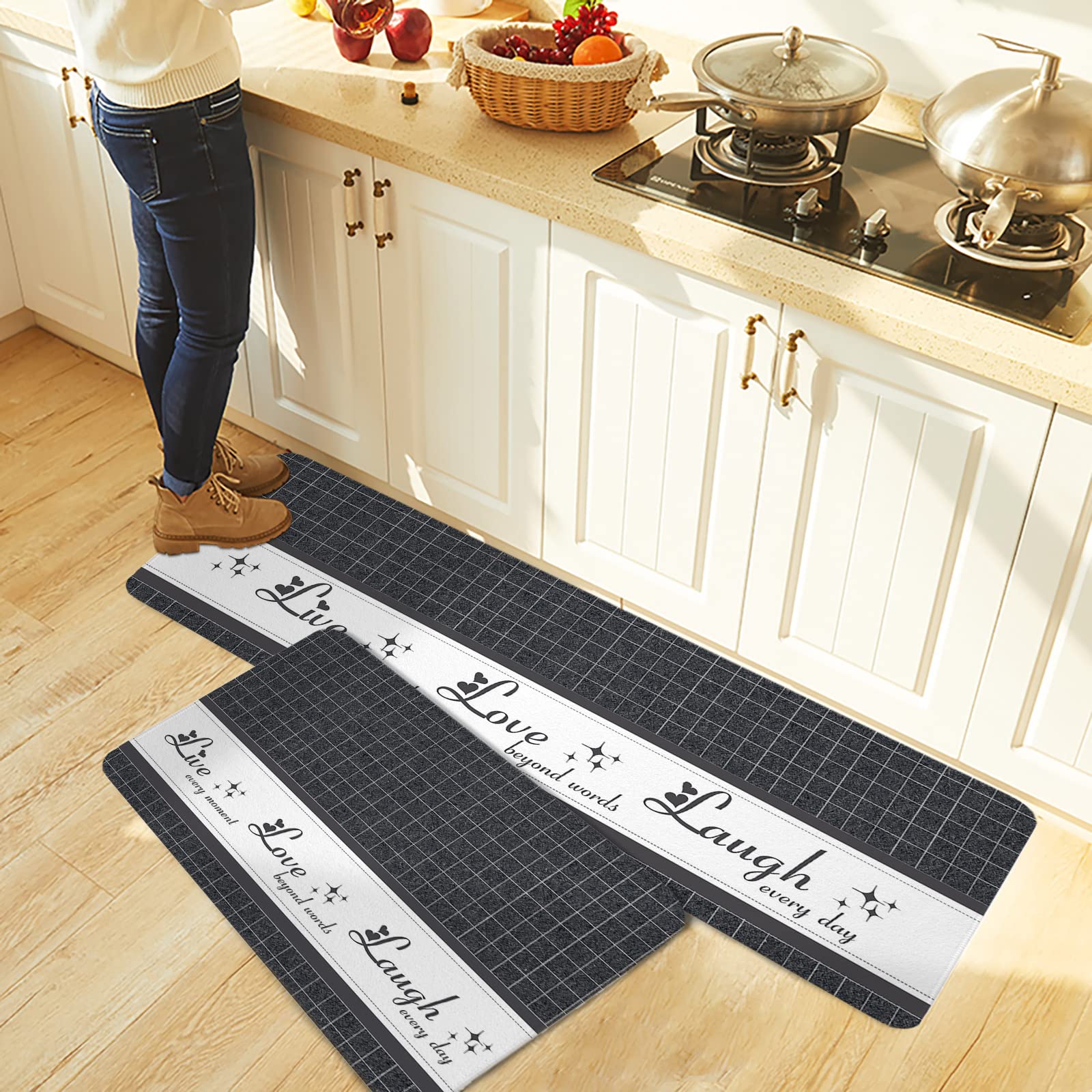 Live Love Laugh Grey Kitchen Rugs and Mats 2 Pieces Set, Gray Checkered Wall Art Modern Non Slip Floor Mat for Sink Laundry, Cushioned Anti-Fatigue Comfort Mat for Kitchen (24"x36"+20"x71")