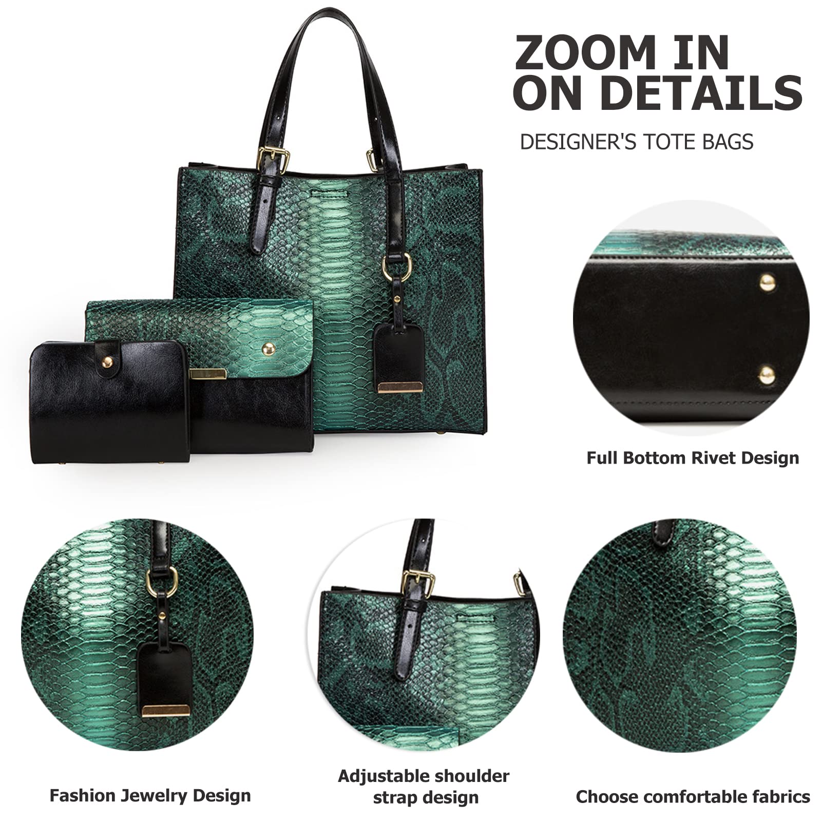 myfriday Vegan Leather Tote Shoulder Bag for Women, Snake Pattern Large Top Handle Bags 3pcs Purse Set