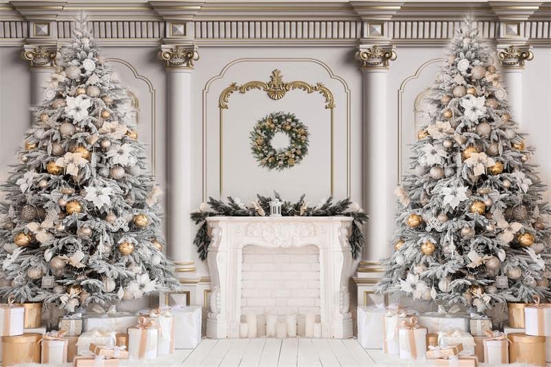 Kate 10×6.5ft (3×2m) Christmas Tree Photo Backdrop Xmas Palace Classic Indoor White Fireplace Gifts Decoration Photography Background for Christmas New Year Photographer Studio Props