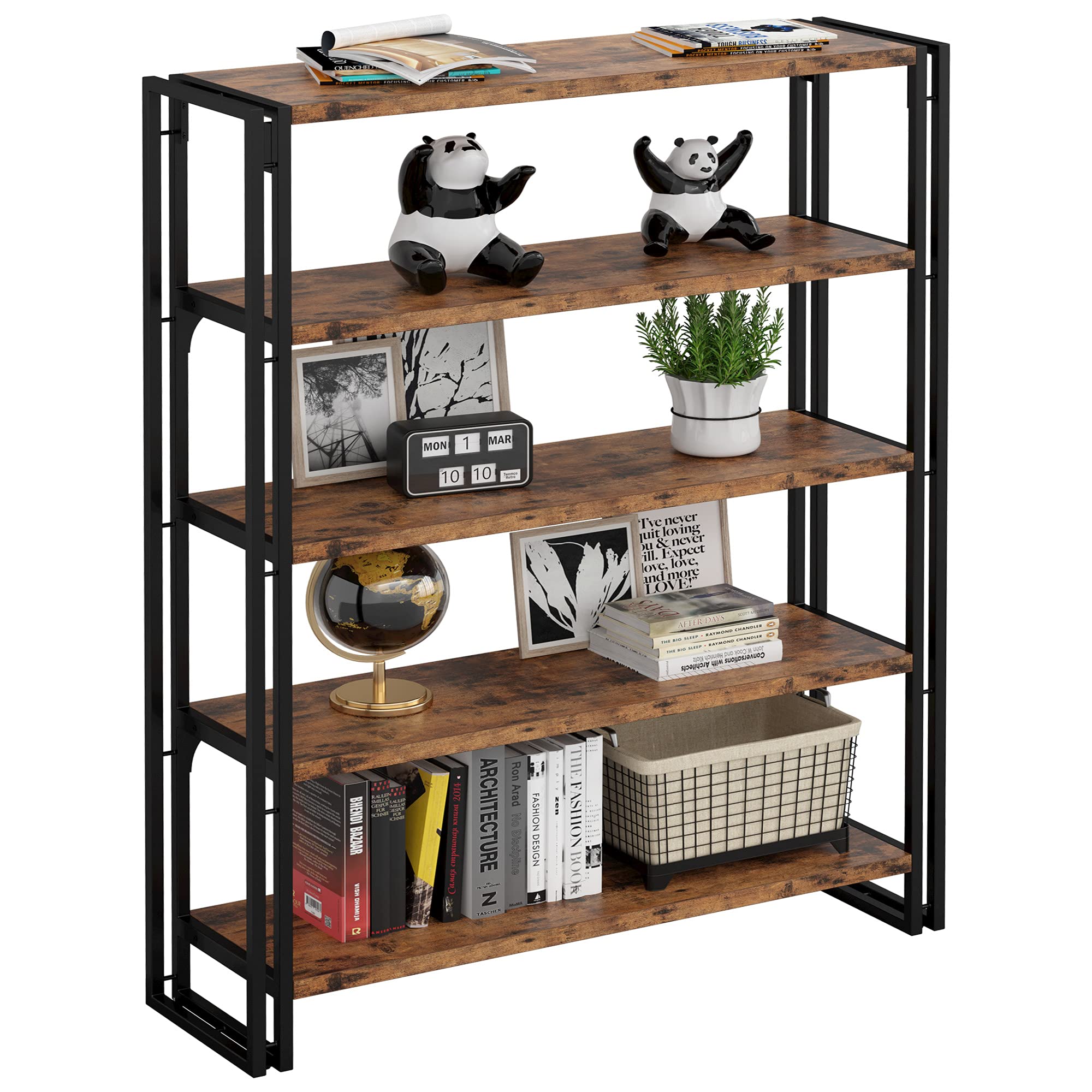 IRONCK Bookshelf and Bookcase 5 Tier, Wood and Metal Bookshelves Storage Shelves for Home Office, Sturdy Easy Assembly, Rustic Brown