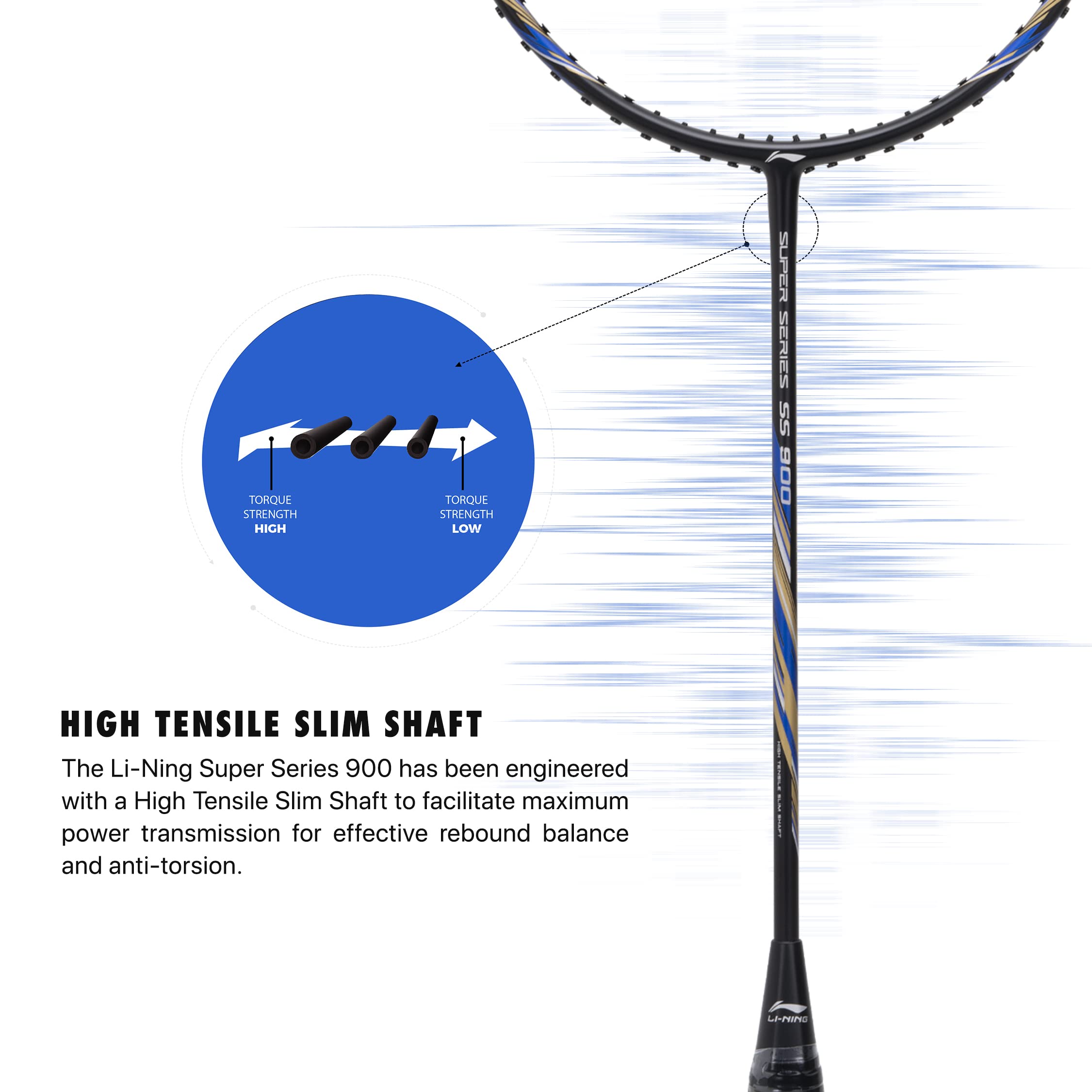 Li-Ning Carbon Fibre Super Series 900 Strung Badminton Racket with Full Cover (84 Grams, Black/Blue)