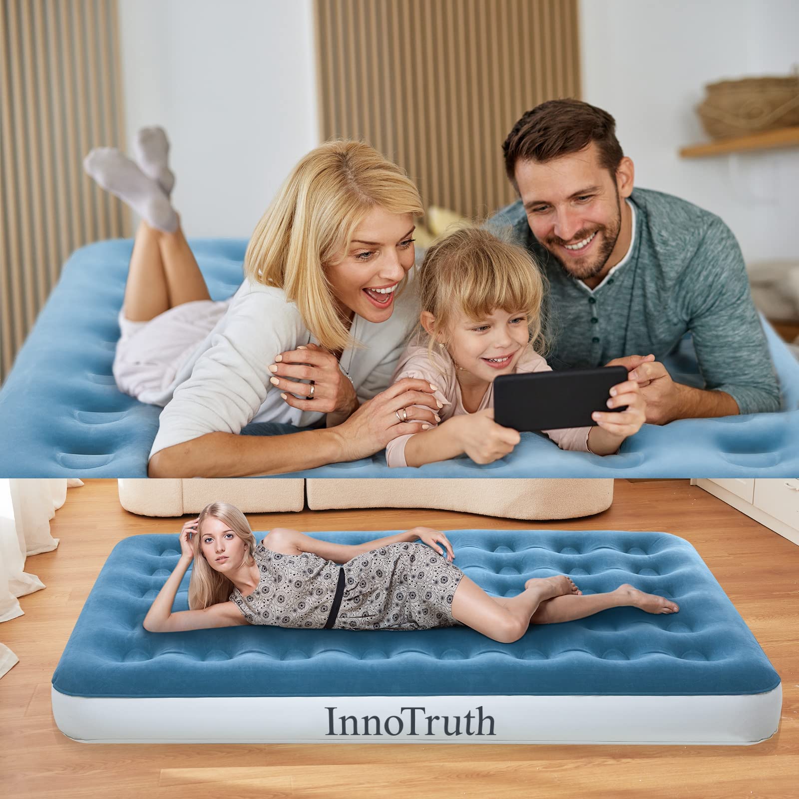 InnoTruth Queen Camping Air Mattress Bed, Rechargeable Handheld Electric Pump, Raised Elevated Blow Up Mattresses, Portable and Foldable Bed for Home Travel, 60" Wdith
