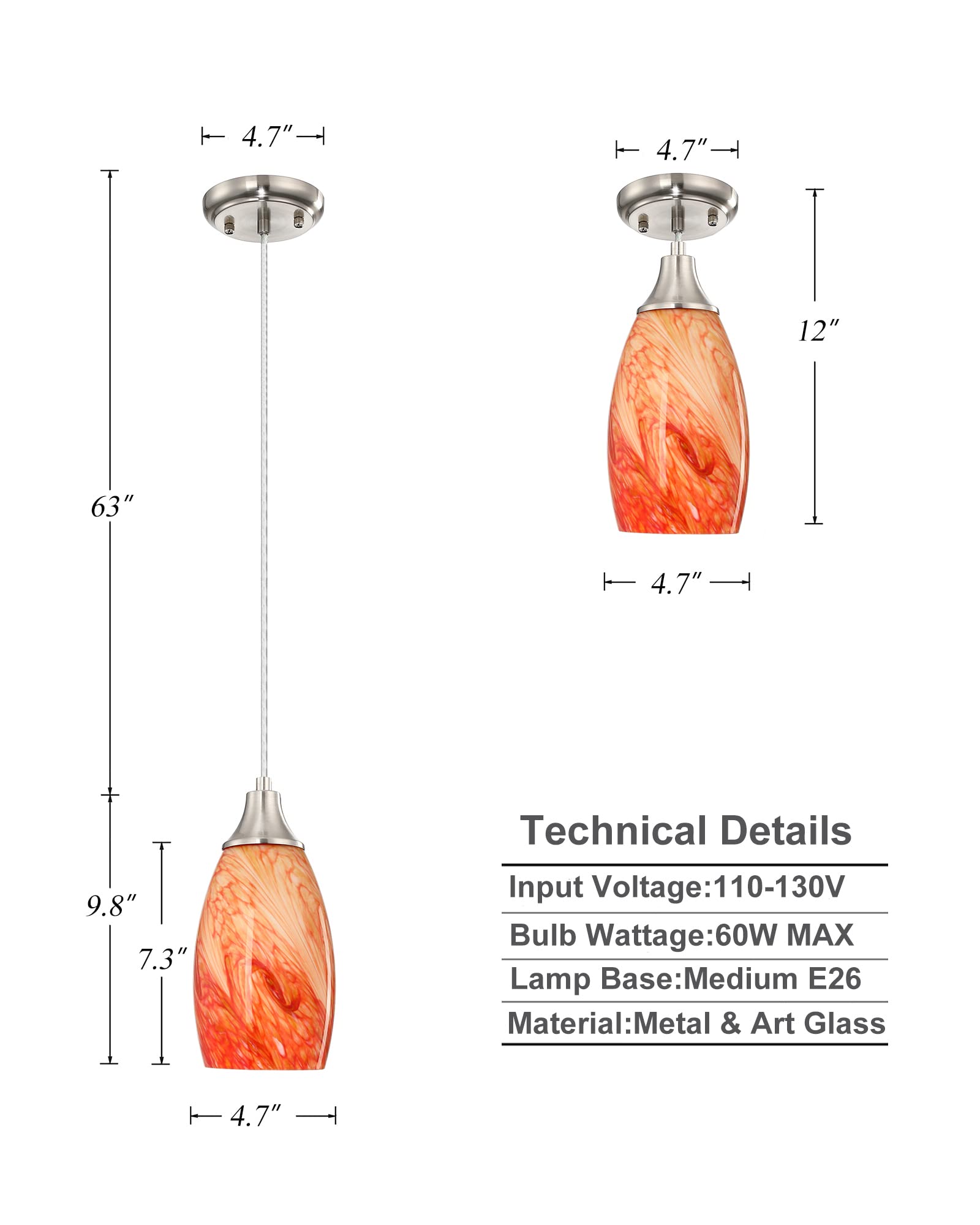 karyfine Art Glass Mini Pendant Lights Kitchen Island Marble Glass Pendant Light Shade with Brushed Nickel Finish Ceiling Hanging Lights for Kitchen Over Sink,Dining/Living Room Red Marble-1Pack