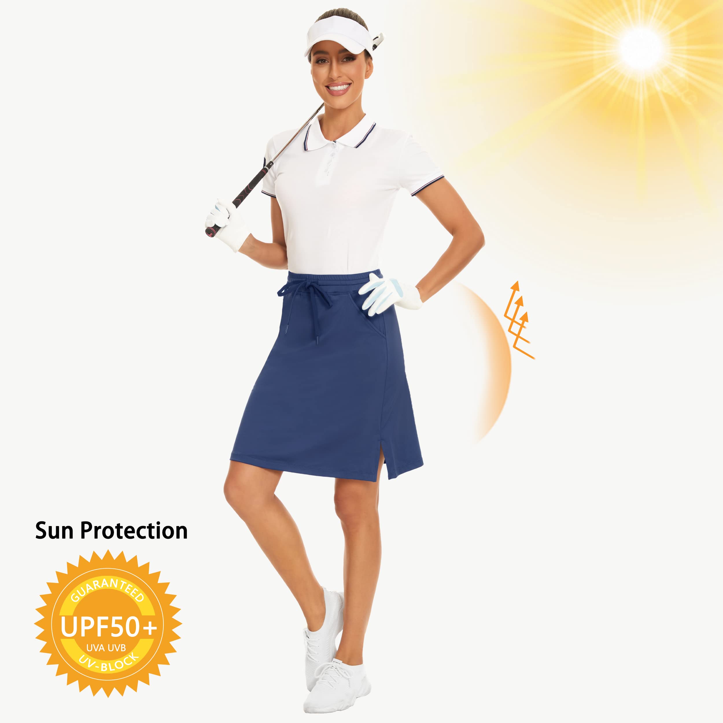 Moarol Women's Knee Length Skorts Long Golf Modest Athletic Casual Tennis Skirt for Summer with Pockets UPF50+ Navy Blue