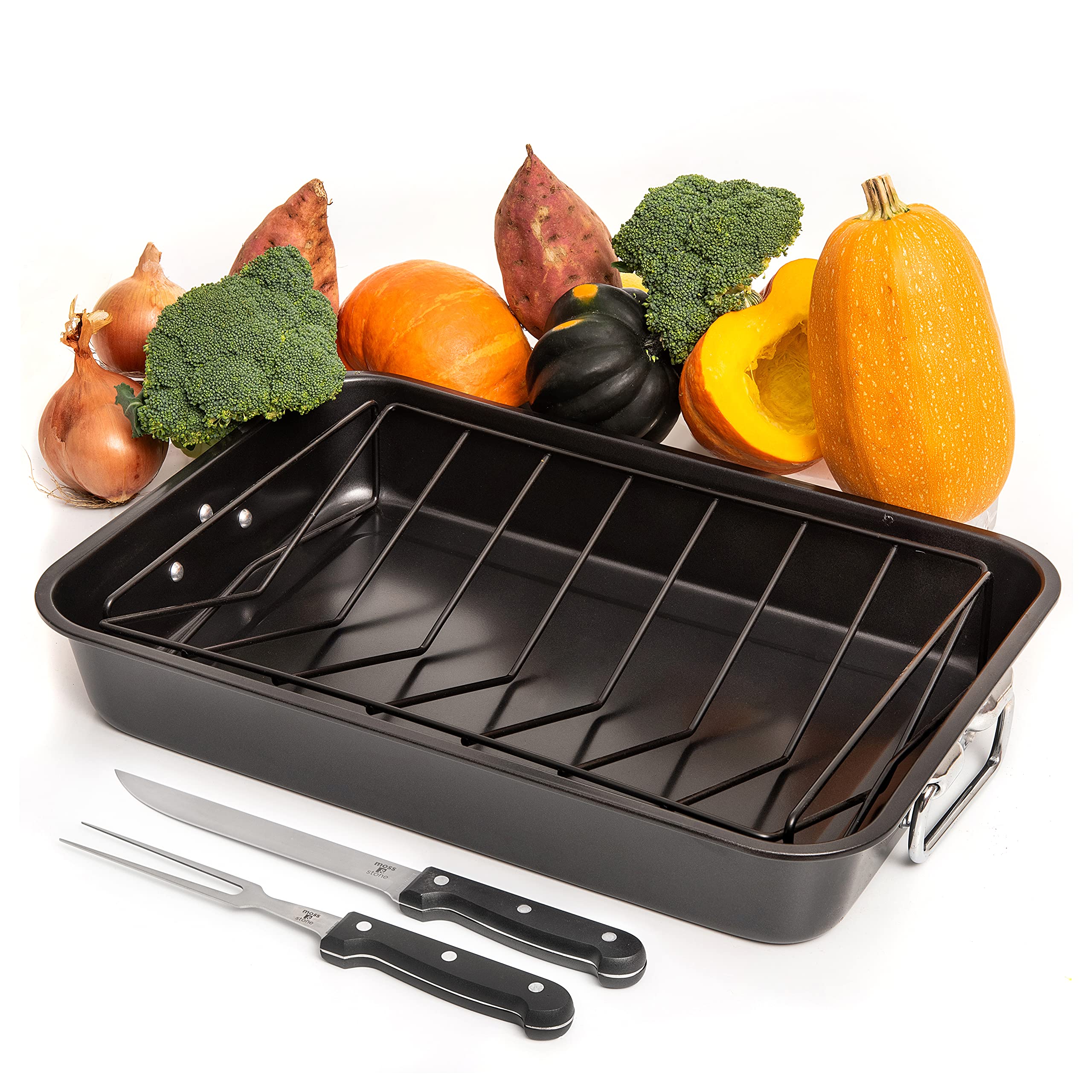 Moss & Stone Carbon Steel Roaster Pan With “V” Shape Removable Roasting Rack Set, 16.5 Inch Rectangular Nonstick Roasting Pan, Turkey Roaster Pan Rack With Carving Fork & Chef Knife