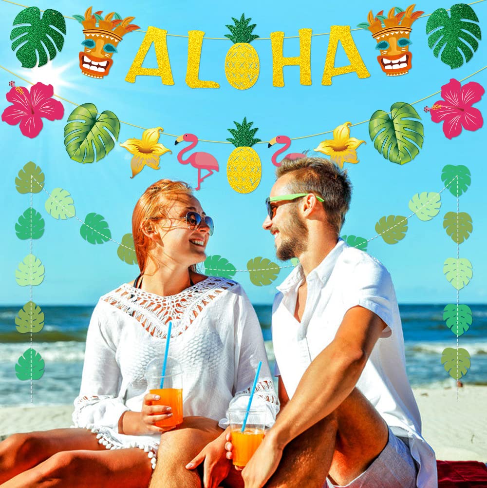 Hawaiian Aloha Party Decorations - Gold Glittery Aloha Banner for Hawaii Tropical Luau Themed Party Supplies