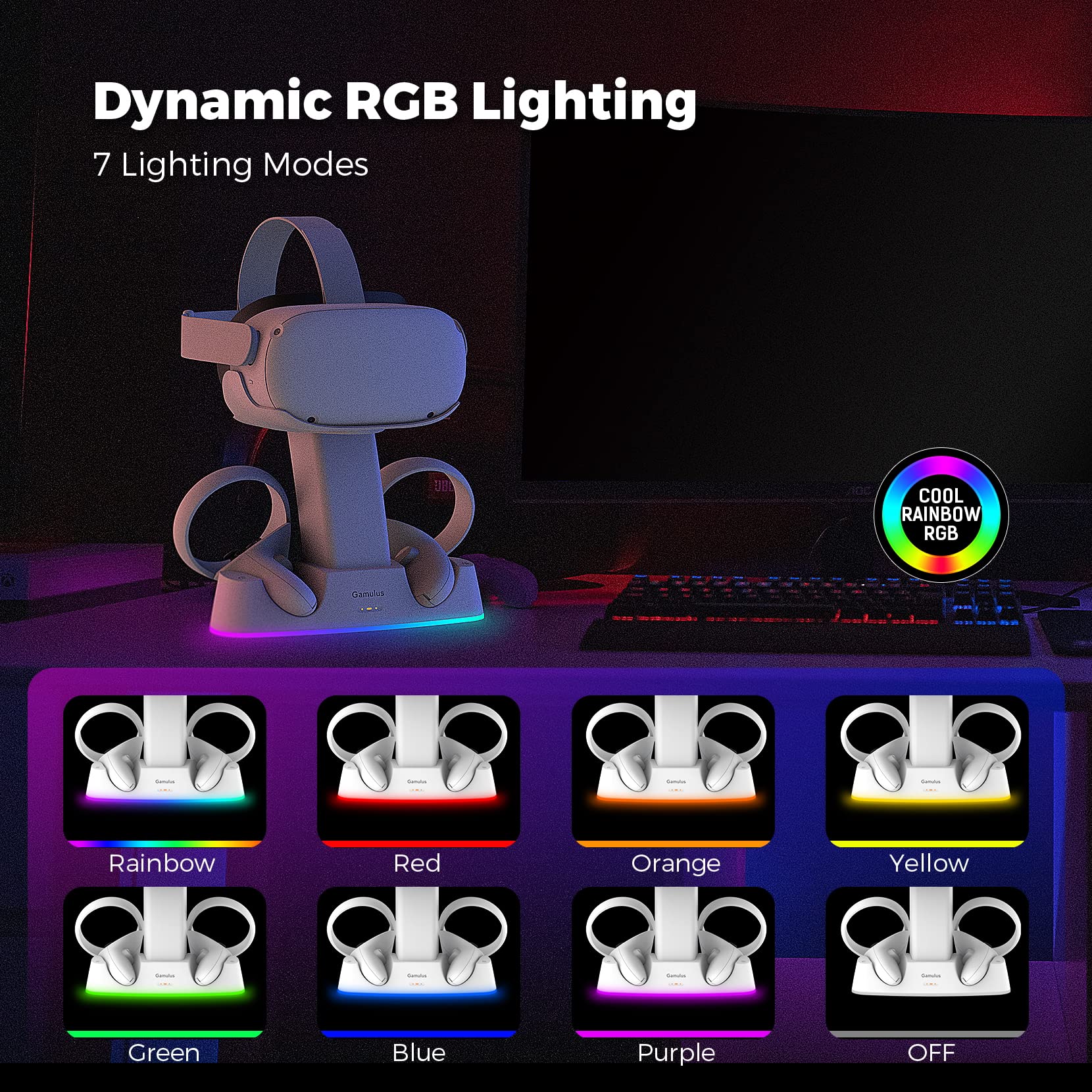 RGB Charging Dock for Meta Quest 2, VR Headset Stand & Controllers, Magnetic Fast Charger Docking Station Stand, 2200mAh Rechargeable Batteries, 7 Lighting Modes and Fantastic Gaming Atmosphere Light