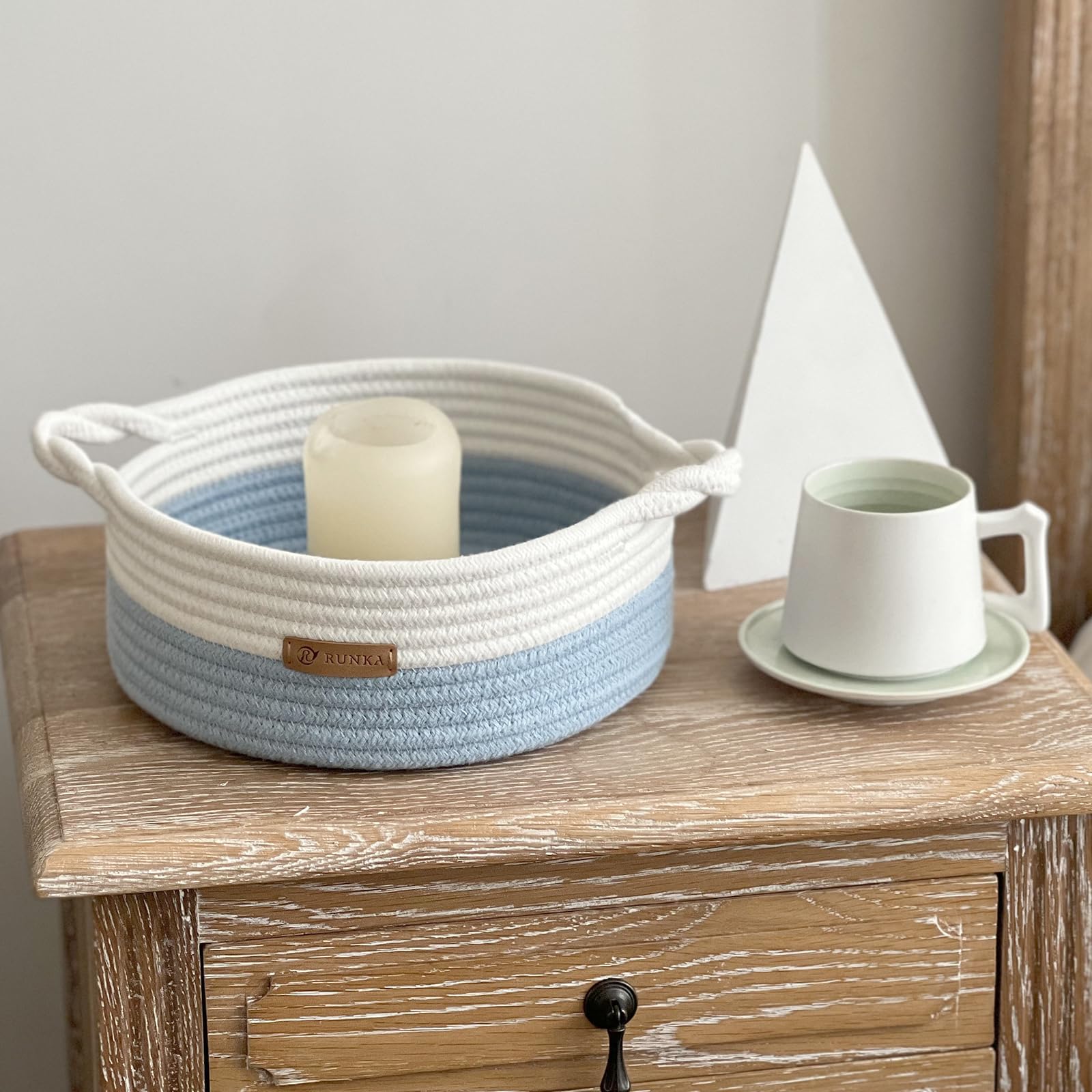 R RUNKA Small Baskets for Storage - Set of 3, Empty Gift Baskets to Fill,Cute Baskets for Bedrooms, Nurseries, Living Rooms - Organization Baskets for Shelf(Off White & Light Blue)