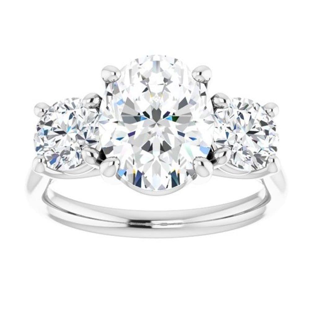 Moissanite Ring 10K Solid White Gold Handmade Engagement Ring 3.0 CT Oval Cut Moissanite Diamond Three Stone Wedding/Bridal Rings for Women/Her Propose Ring By Rivaan Jewel (7.5)