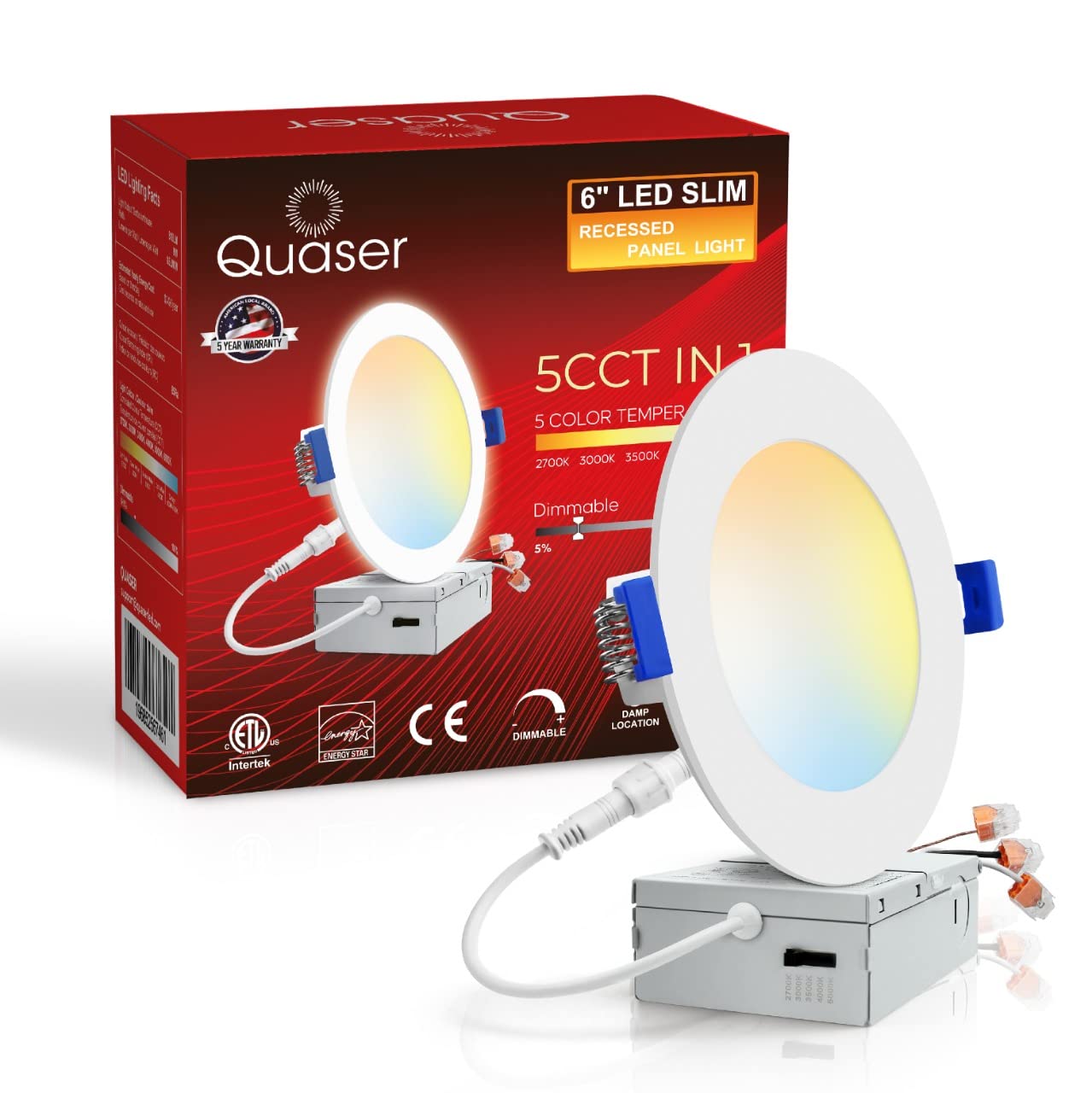 Quaser 6-Pack 6inch LED Recessed Light with Junction Box - 5 Different Color Temperatures CRI 85> 13W Dimmable 1080LM Canless LED Recessed Light - ETL Energy Star Certified