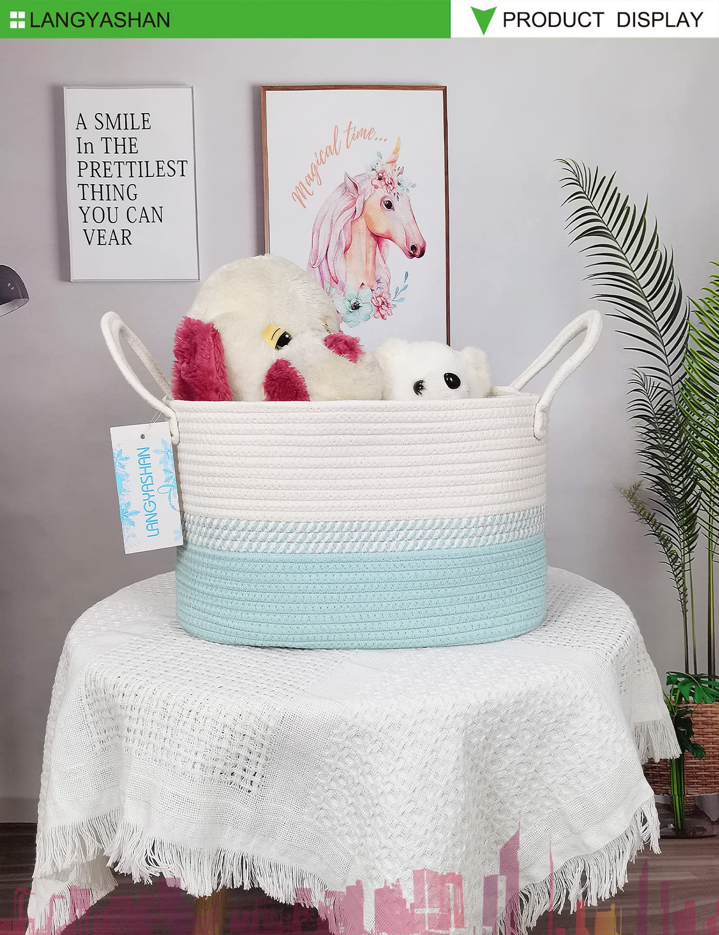 LANGYASHAN Rectangular Woven Rope Basket Decorative Blanket Basket for Living Room Storage or Nursery Laundry Hamper Basket with Handles Laundry Basket(Blue)