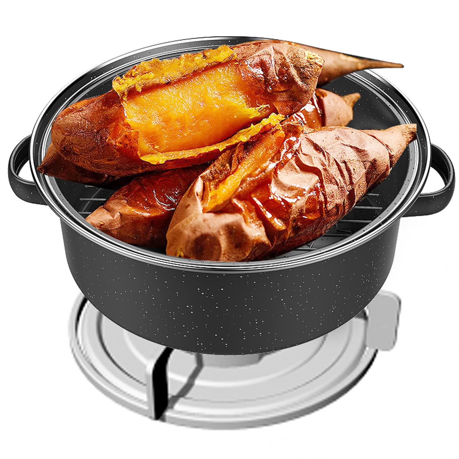 Roasting Pan with Lid, Household Non Stick BBQ Pot Roast Pan With Lid, Covered Round Roaster, Black Speckled Finish Enamel Roaster Pot for Turkey Chicken Meat & Vegetables(26cm/10.2in-Iron Cover)