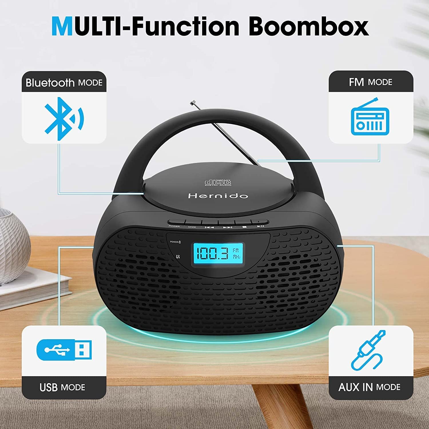 Portable Bluetooth CD Boombox, Mini Small CD Player with Remote Control, Rechaegeable FM Radio, Stereo Sound Speaker Audio Player, USB Port, AUX Input Headphone Jack (Black)