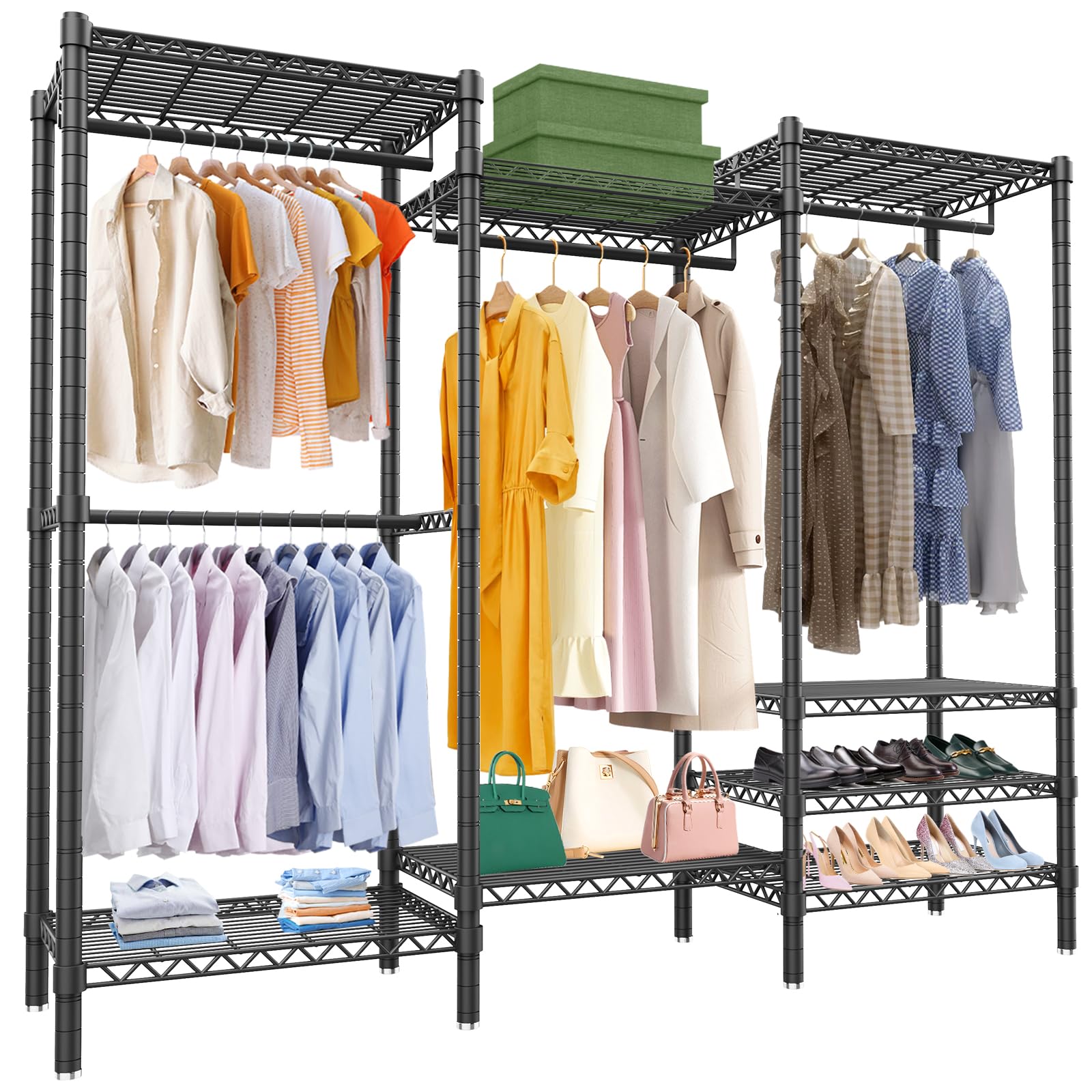 Portable Closet Wardrobe Heavy Duty Clothes Rack,Freestanding Closet Organizer,Multi-Functional Bedroom Clothing Rack with 5 Hanger Rod,8 Shelves,Adjustable Closet Organizers And Storage, Black
