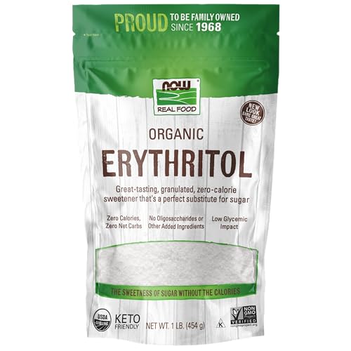 NOW Foods, Organic Erythritol, Pleasant Sweetner for Reduced-Calorie and Sugar-Free Recipes, Zero-Calorie, Low Glycemic Impact, 1-Pound (Packaging May Vary)