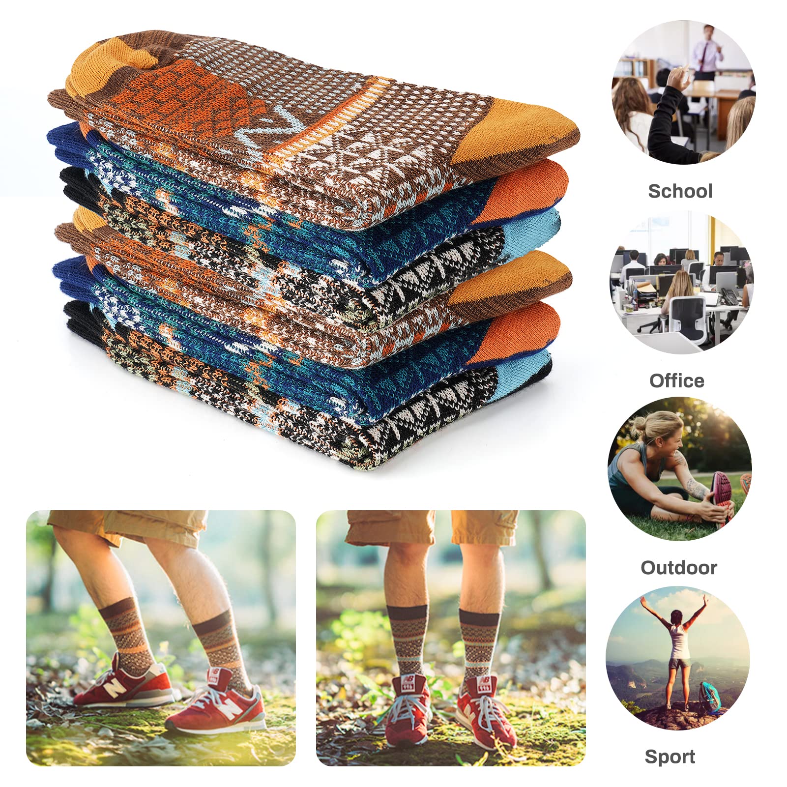 Luckit 6 Pack Wool Socks for Men Women, Warm Cotton Socks Winter Cabin Socks, Vintage Fall Patterned Socks Unisex Knit Socks (Retro stripes)
