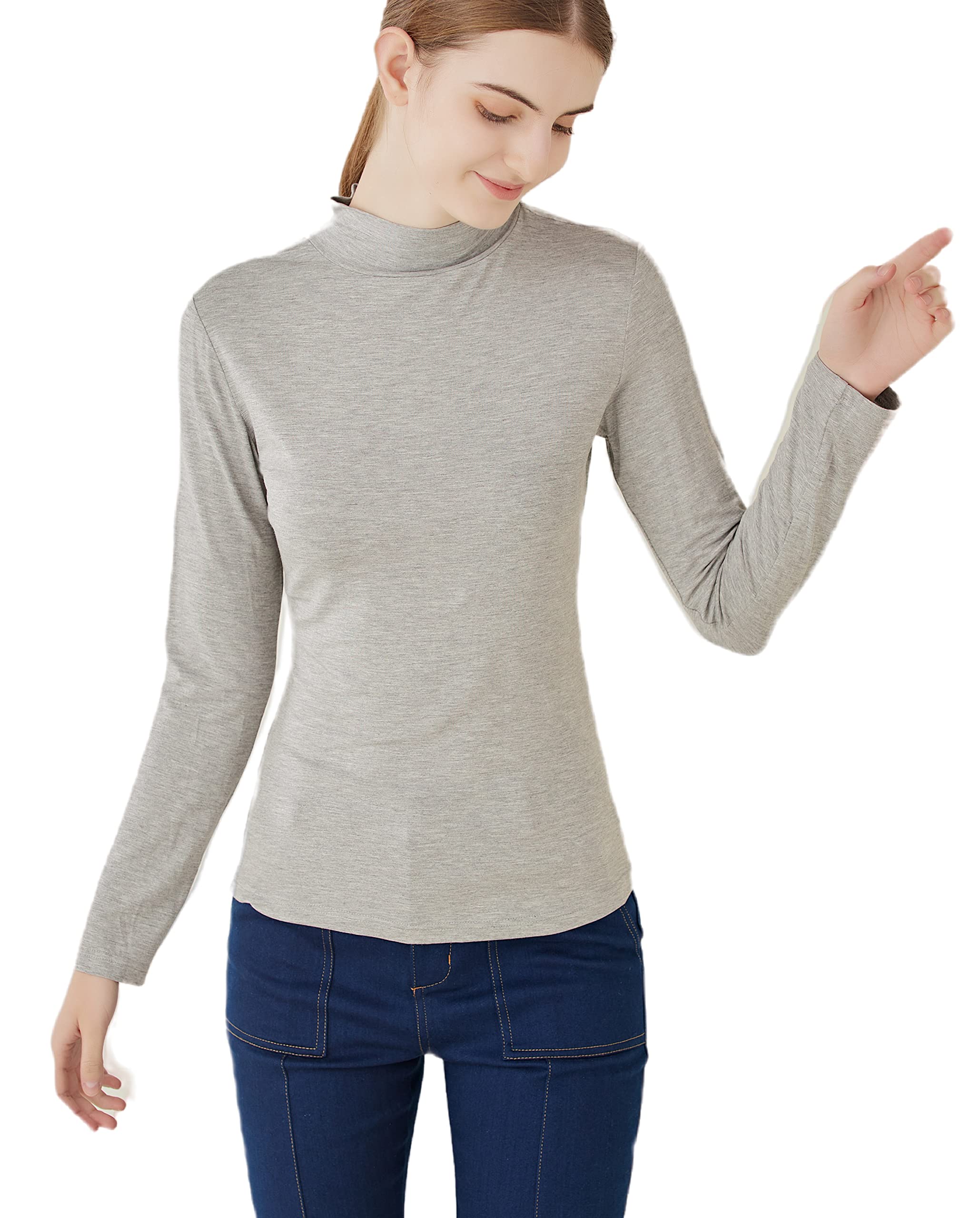 NEEINGO Women's Turtle Neck Lightweight Under Layer Long Sleeve Slim Fitted Lounge Sleep wear Shirt Top Heather Grey