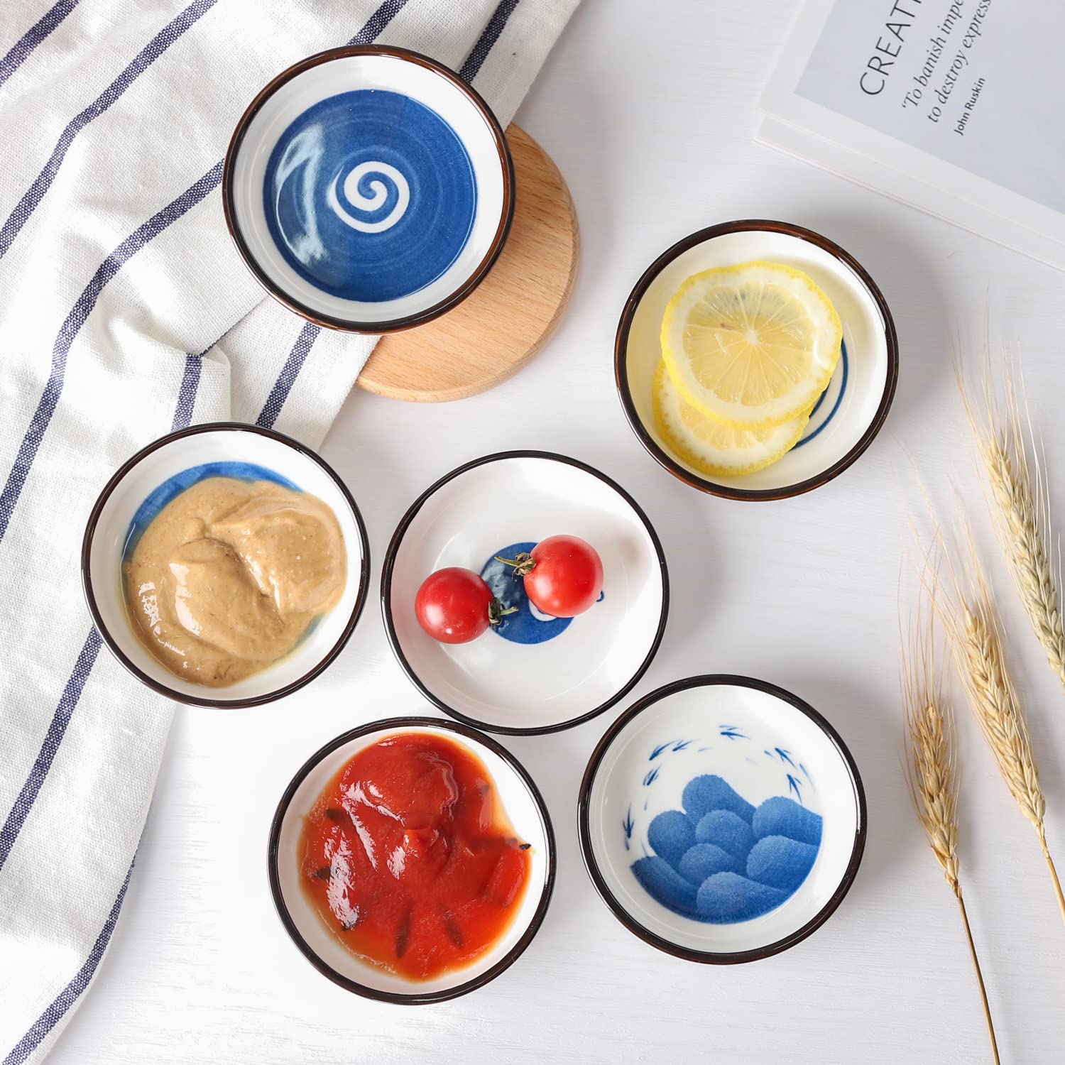 MOSYONE Soy Sauce Dish Ceramic Set of 6 - Soy Sauce Dipping Bowls for Sushi - 3.5 Inch Serving Dish - Japanese Style Dinnerware Set