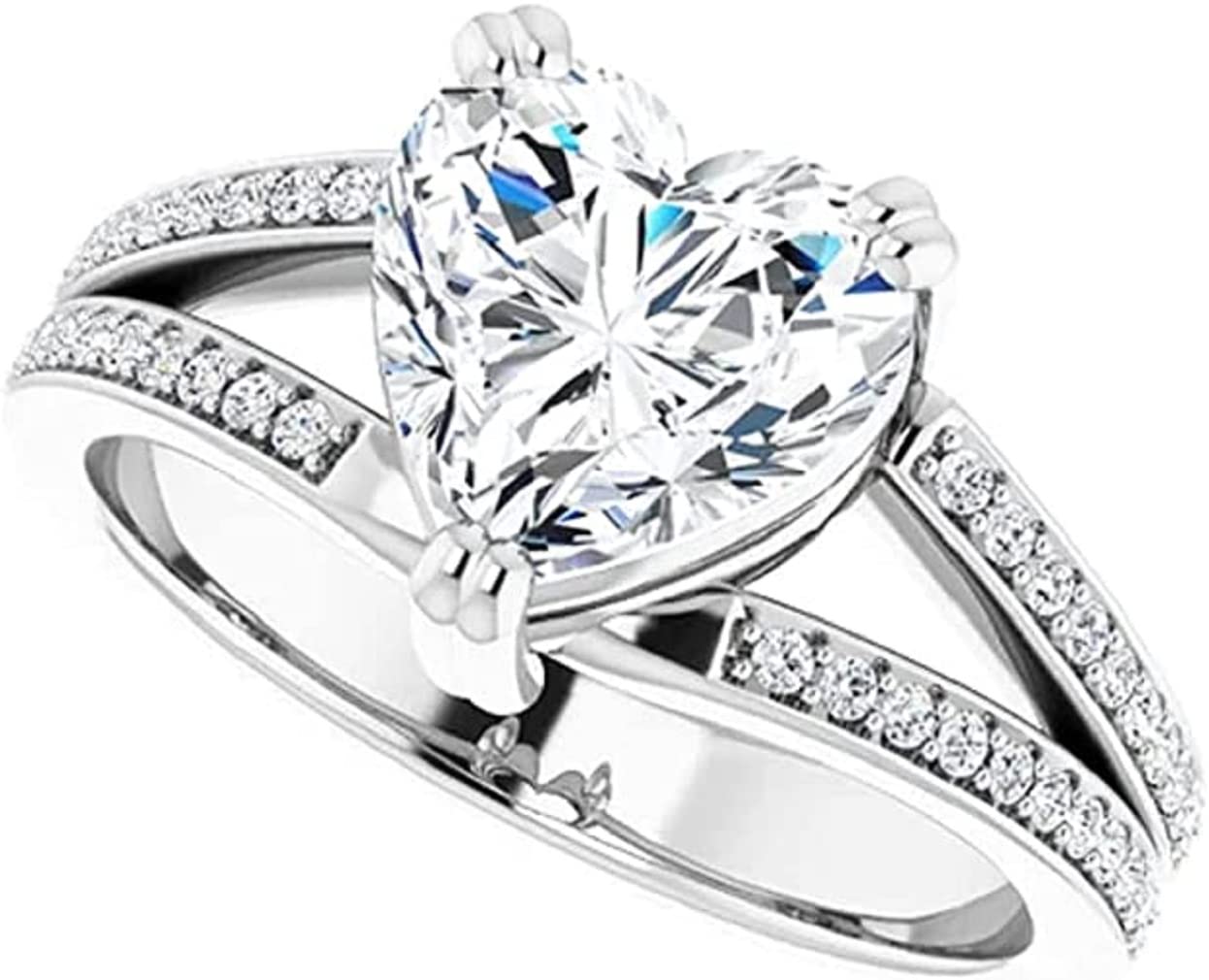 Moissanite World 2 CT Heart Cut Colorless Moissanite Engagement Ring/Bridal Ring Set Solitaire Split Shank Solid Sterling Silver Vintage Antique Anniversary Promise Ring Gift for Her (10.5)