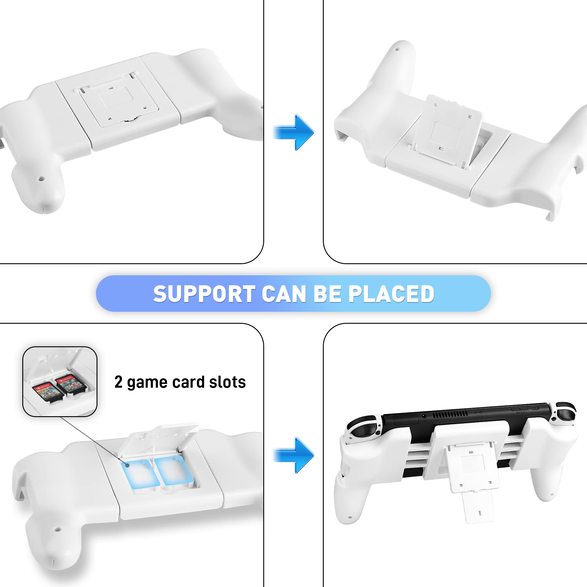 LASTYAL Adjustable Handle Grip for Nintendo Switch OLED Model and Switch Standard Edition with 2 Game Card Slots Holder Design, Ergonomic Foldable Grip for Switch Lite with 8 Thumb Grip Caps