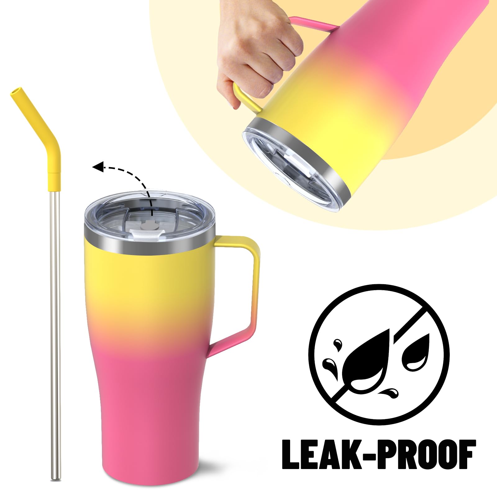 Luxfuel 32 oz Tumbler with Handle and Straw, Keep Drinks Cold up to 24 Hours,Stainless Steel Travel Cup with Lid, No Sweat,Leak Proof, Dishwasher Safe,Fit in Cup Holder,Pink