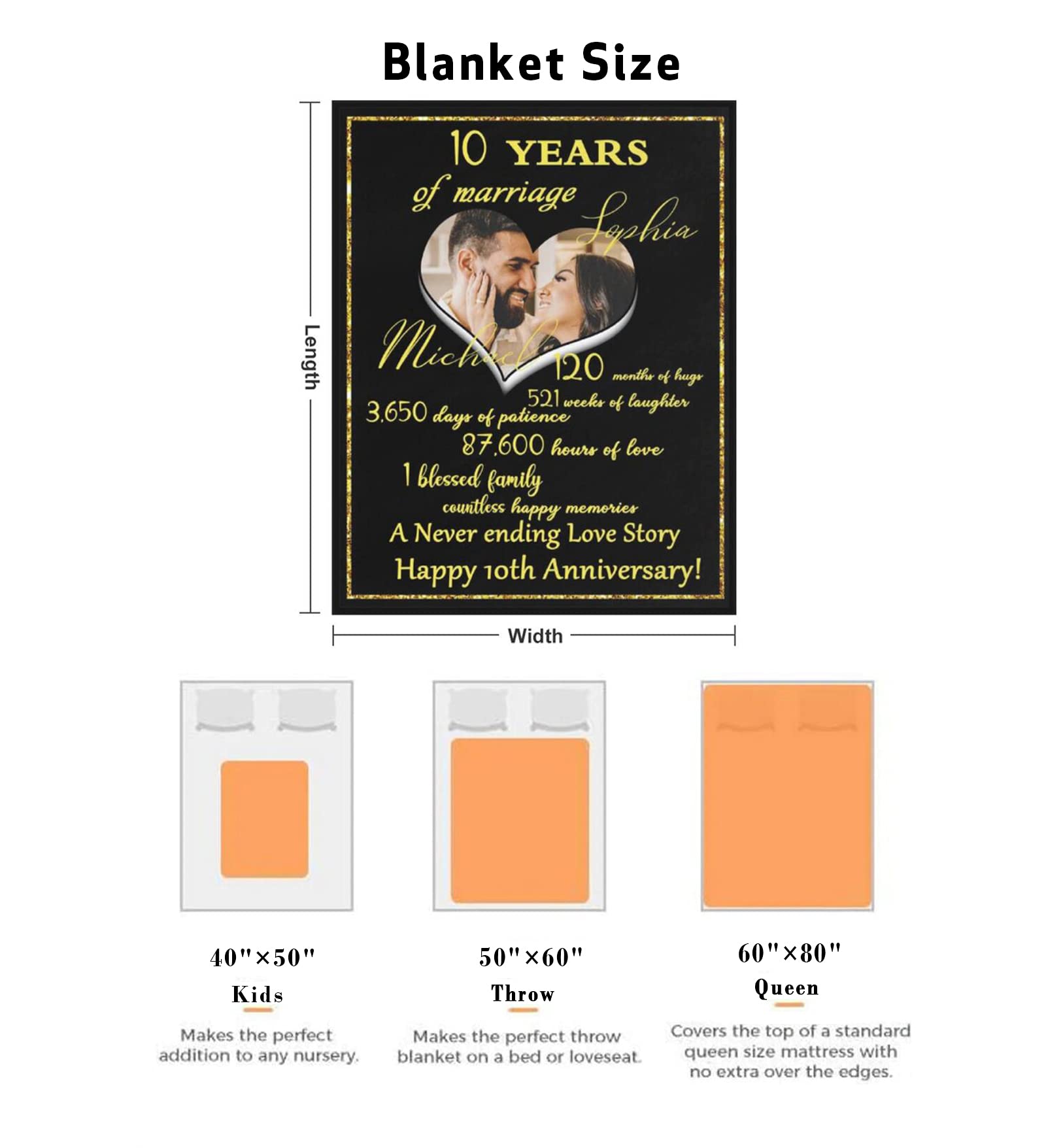 Personalized Anniversary Throw Blanket, 10 Year Anniversary Wedding Gifts for Couple Parents, Customized Soft Warm Lightweight Flannel Fleece Blanket, Couples Blanket Full Size for Valentine Birthday