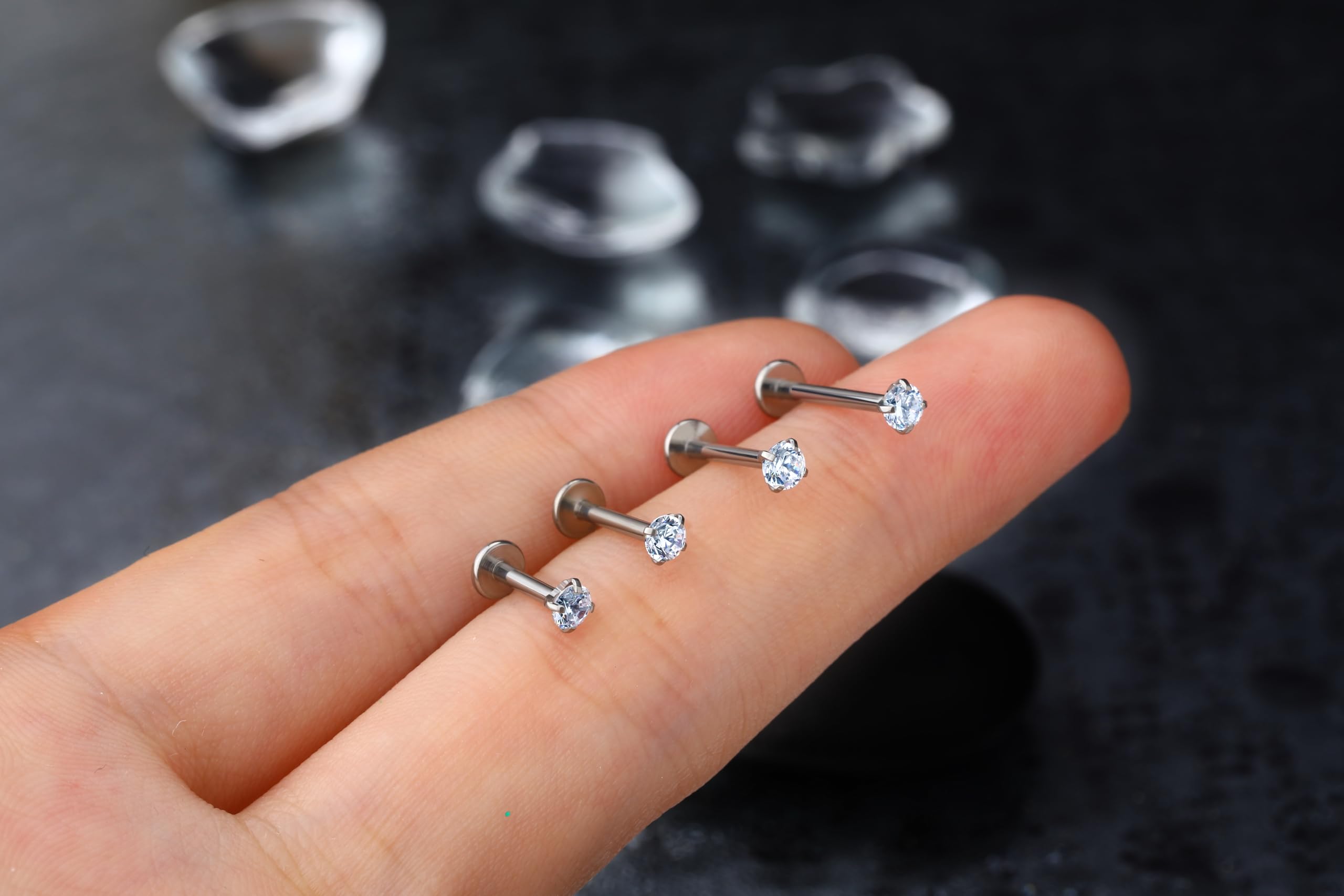 OUFER 16G Lip Ring Studs, G23 Solid Titanium Lip Piercings, Clear CZ Internally Threaded Labret Jewelry, Cartilage Helix Tragus Piercing Jewelry for Women and Men