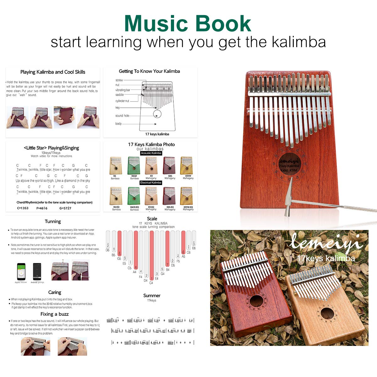 Kalimba Thumb Piano 17 Key Finger Piano Musical Instrument with Study Instruction and Tune Hammer, Gift for Kids, Adult Beginners