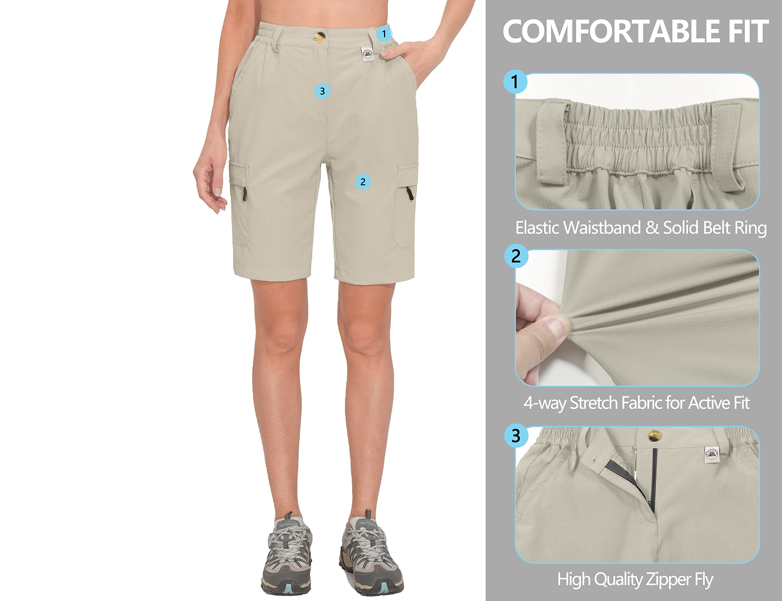 Mapamyumco Women's 10 Inch Inseam Hiking Cargo Shorts Quick Dry Lightweight Golf Shorts Bermuda for Summer Travel Dark Khaki L