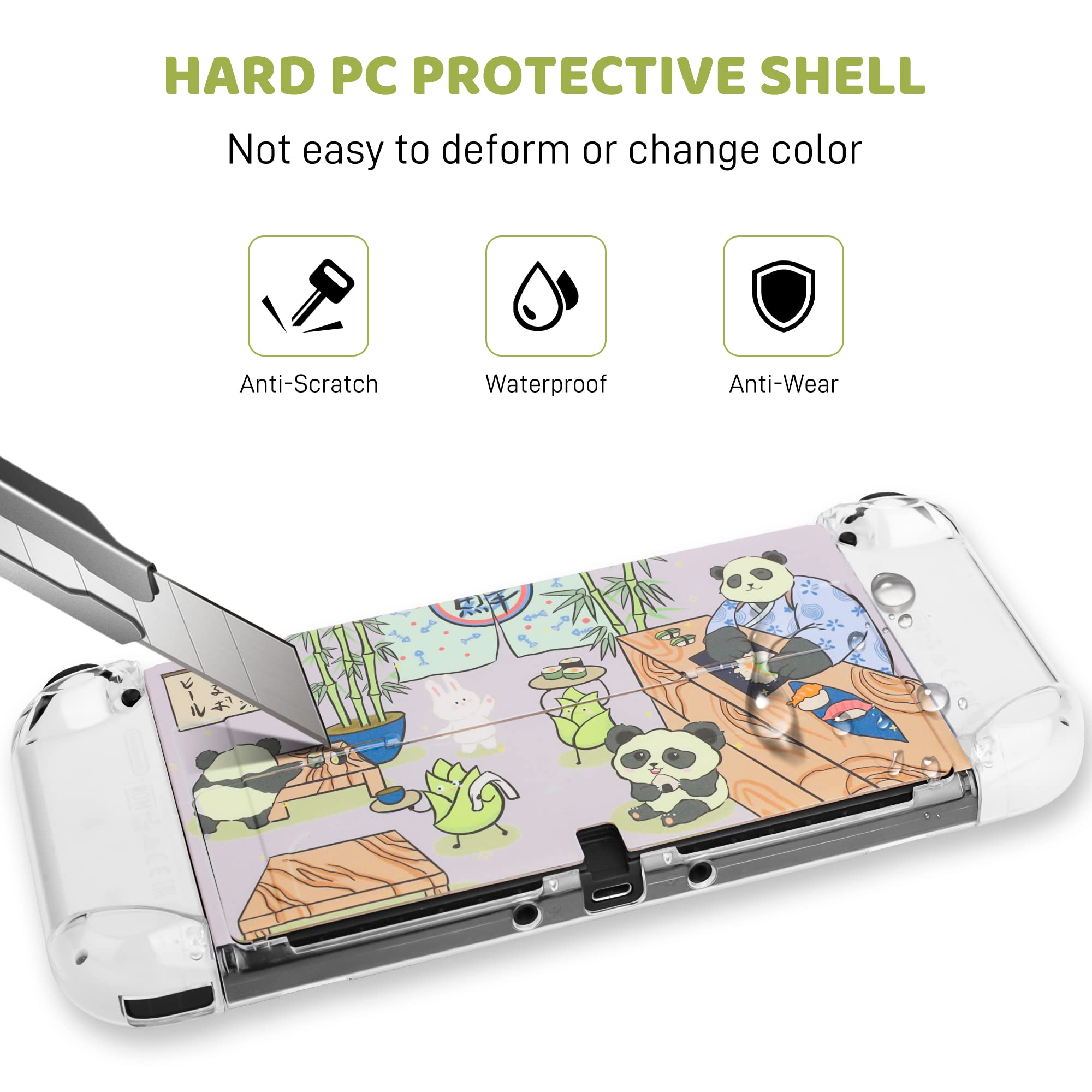 LASTYAL Cute Panda Protective Shell Compatible with Nintendo Switch OLED Console and Joycon Controller, Crystal Hard Case for Switch OLED with Comfort Joycon Cover - Panda & Bamboo