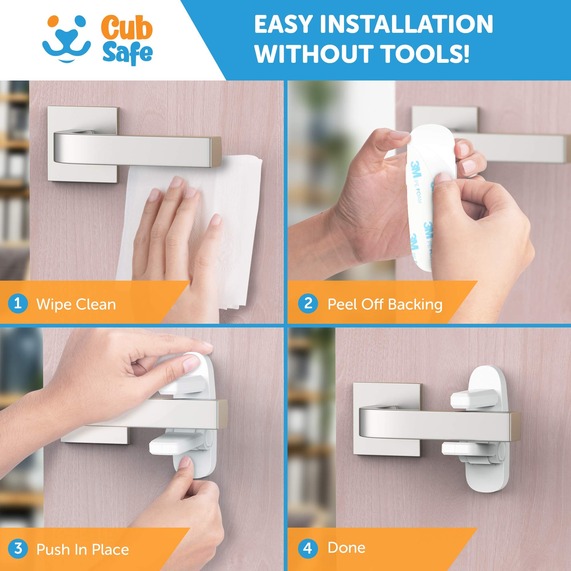 Improved Childproof Door Lever Lock (4 Pcs) and Multipurpose Safety Straps (4 Pcs) with Adjustable Strap and 3M Adhesive. Toddler Proofing. No Tools Required.
